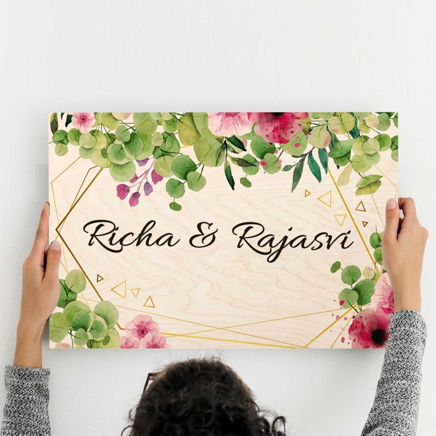 Buy Printed Green & Pink Spring Floral Wooden Rectangle Nameplate ...