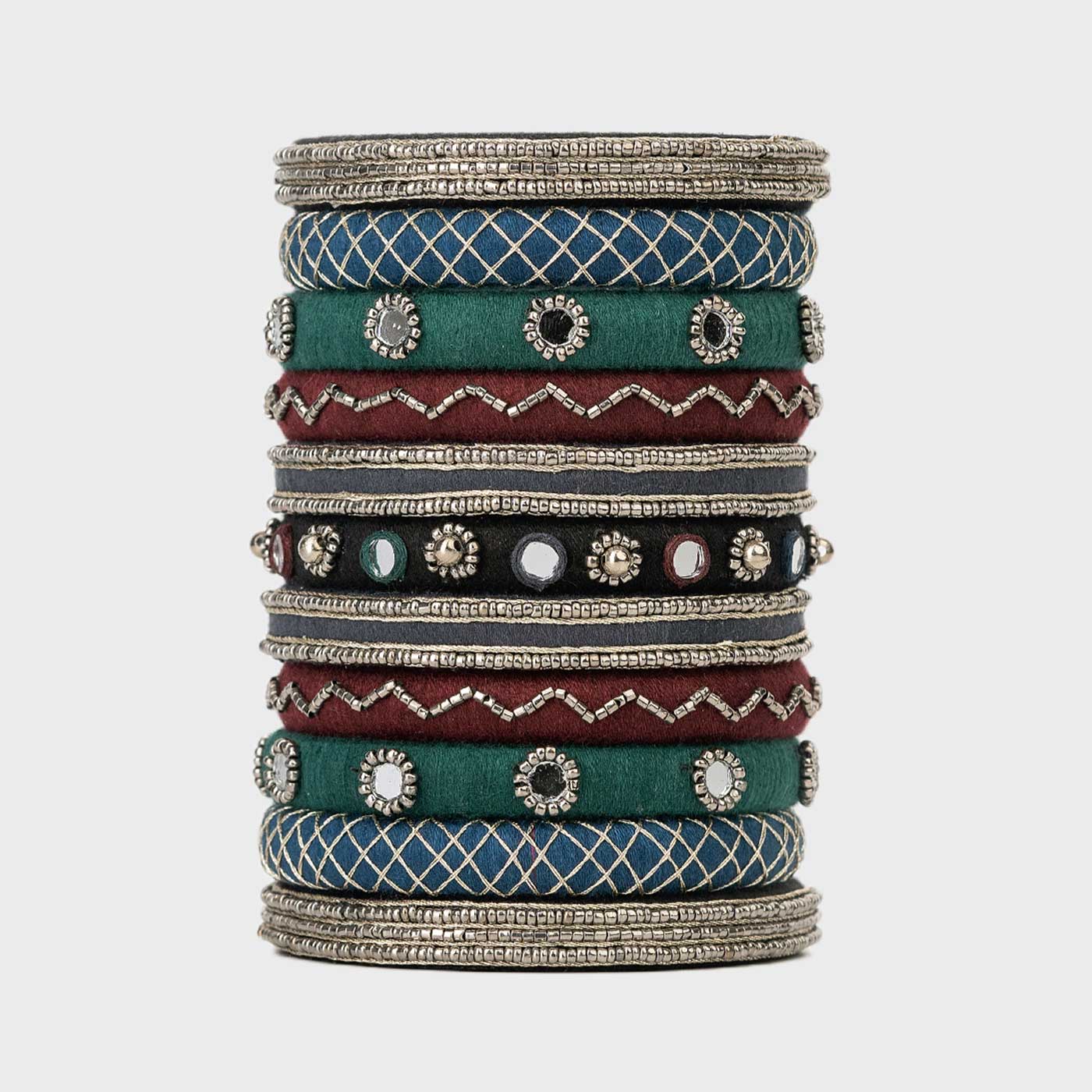 Buy Multicolour Handcrafted Krisha Silver Beads & Mirror Work Bangles | Set of 11 Online On Zwende