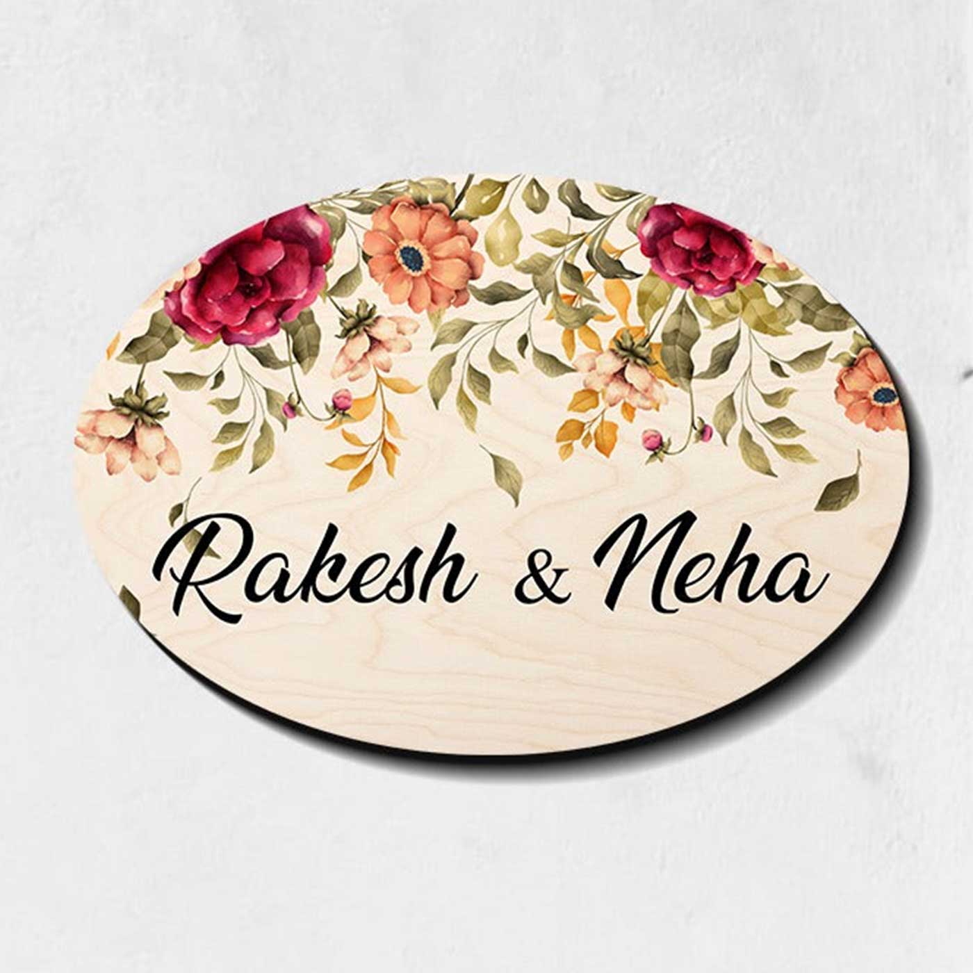 Buy Printed Red & Orange Floral Wooden Oval Nameplate For Family Online ...