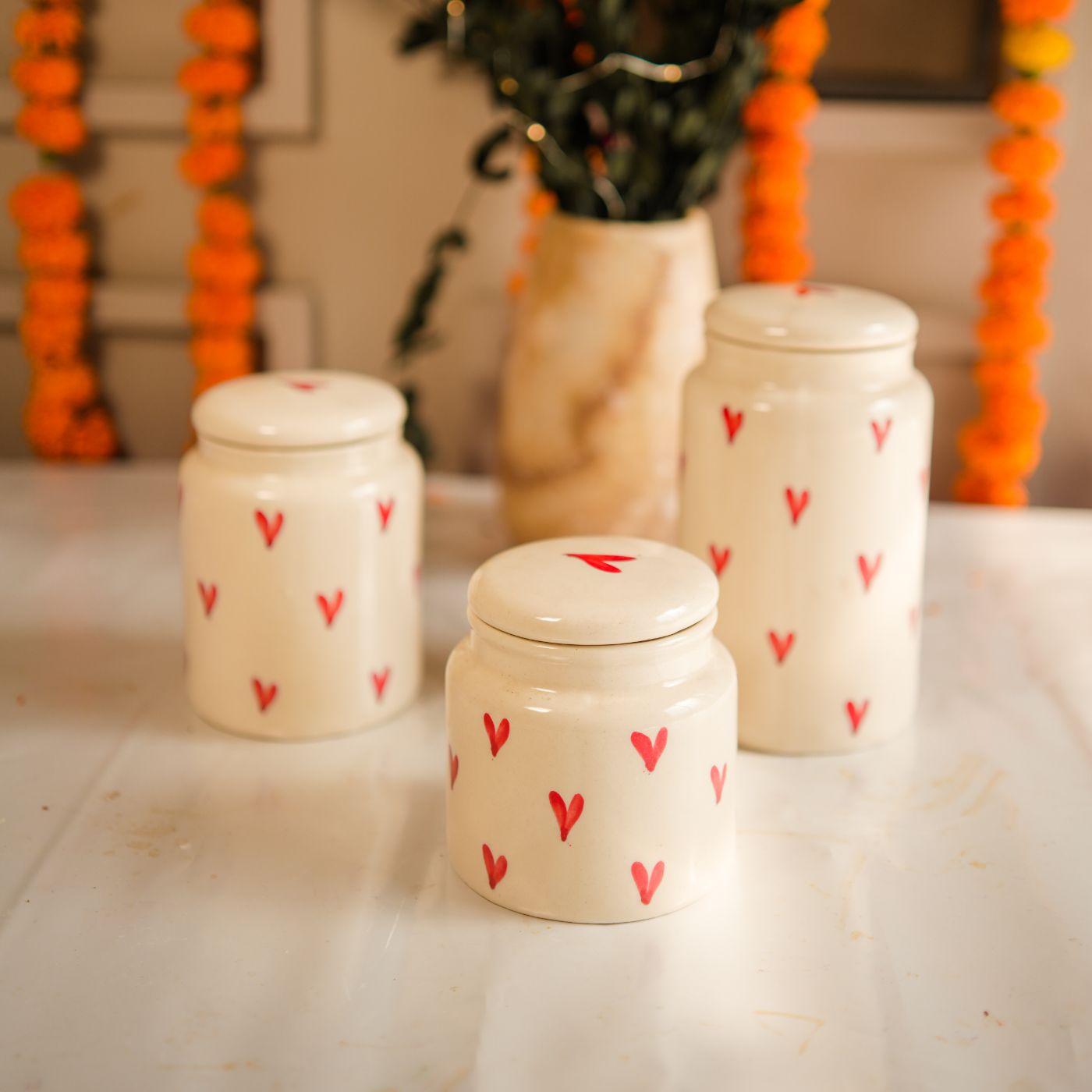 Buy Handcrafted Ceramic Heart Shaped Jar | Set of 3 Online On Zwende