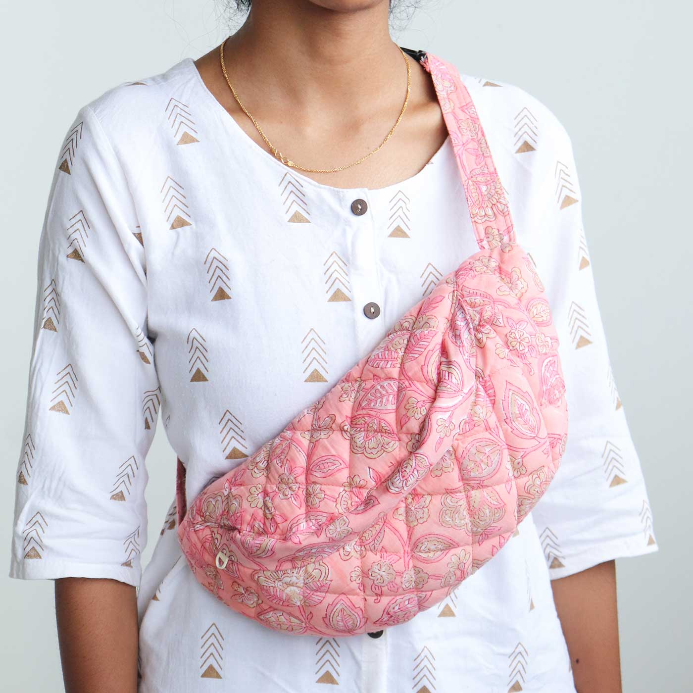 Buy Handmade Block Printed Cotton Pink Belt Bag Online On Zwende