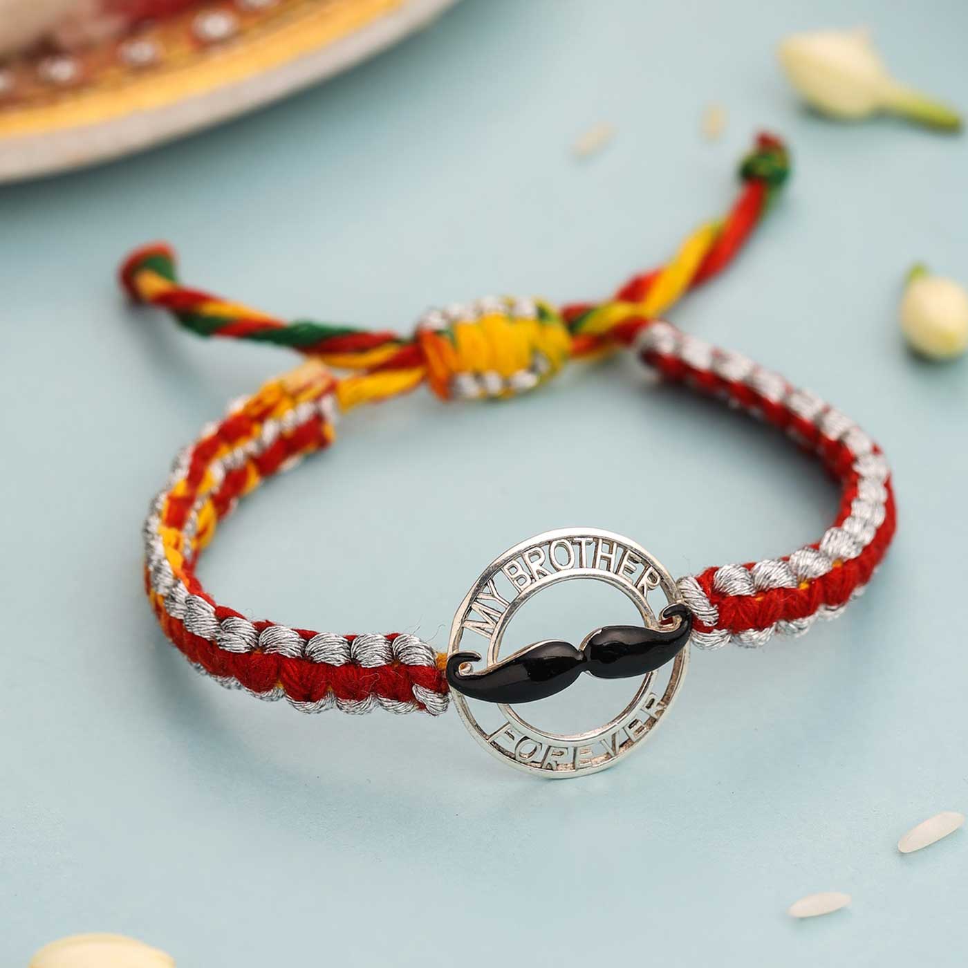 Buy Handmade Mustache Design Silver Rakhi For Brother Online On Zwende