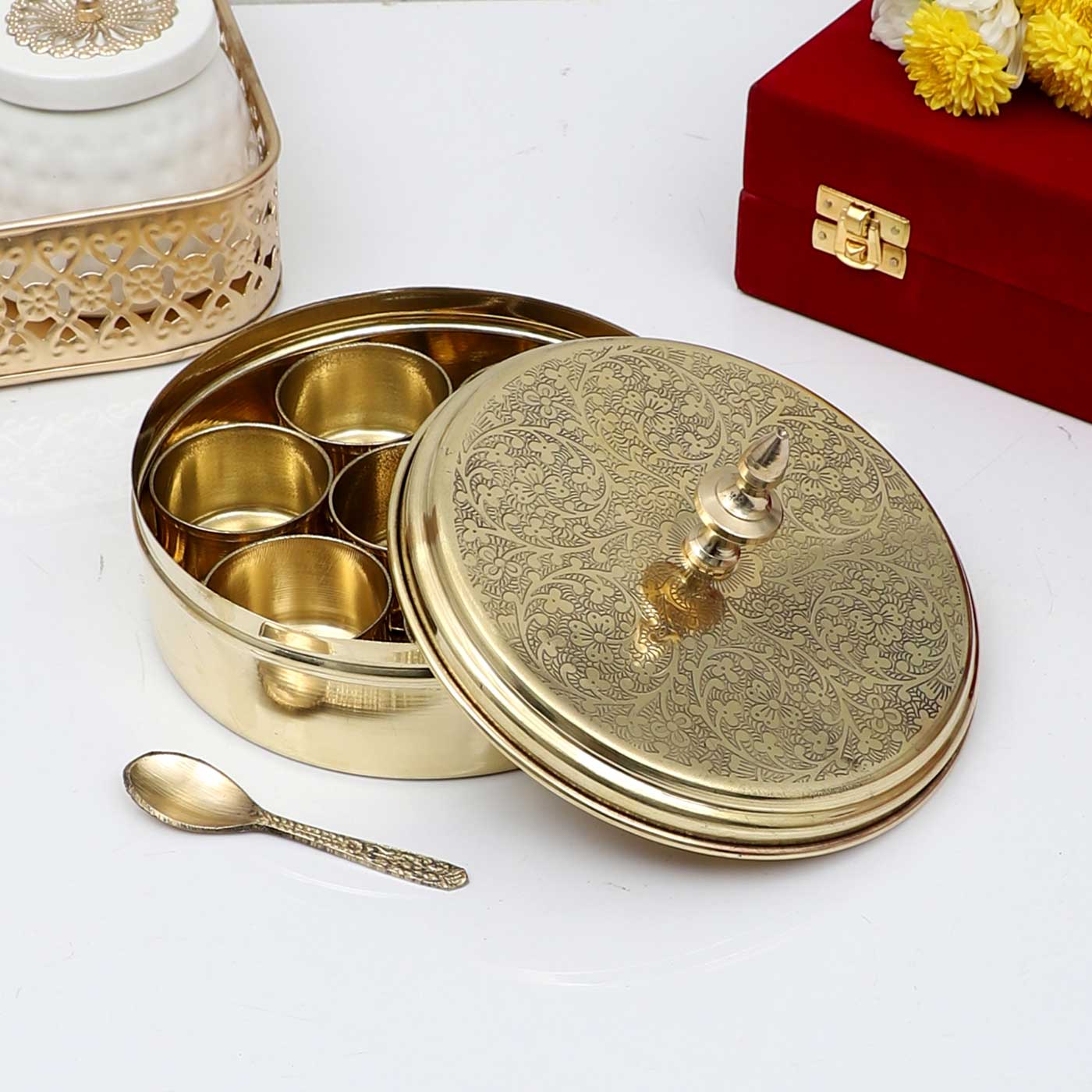 Buy Handmade Round Brass Masala Box | Set Of 9 Online On Zwende