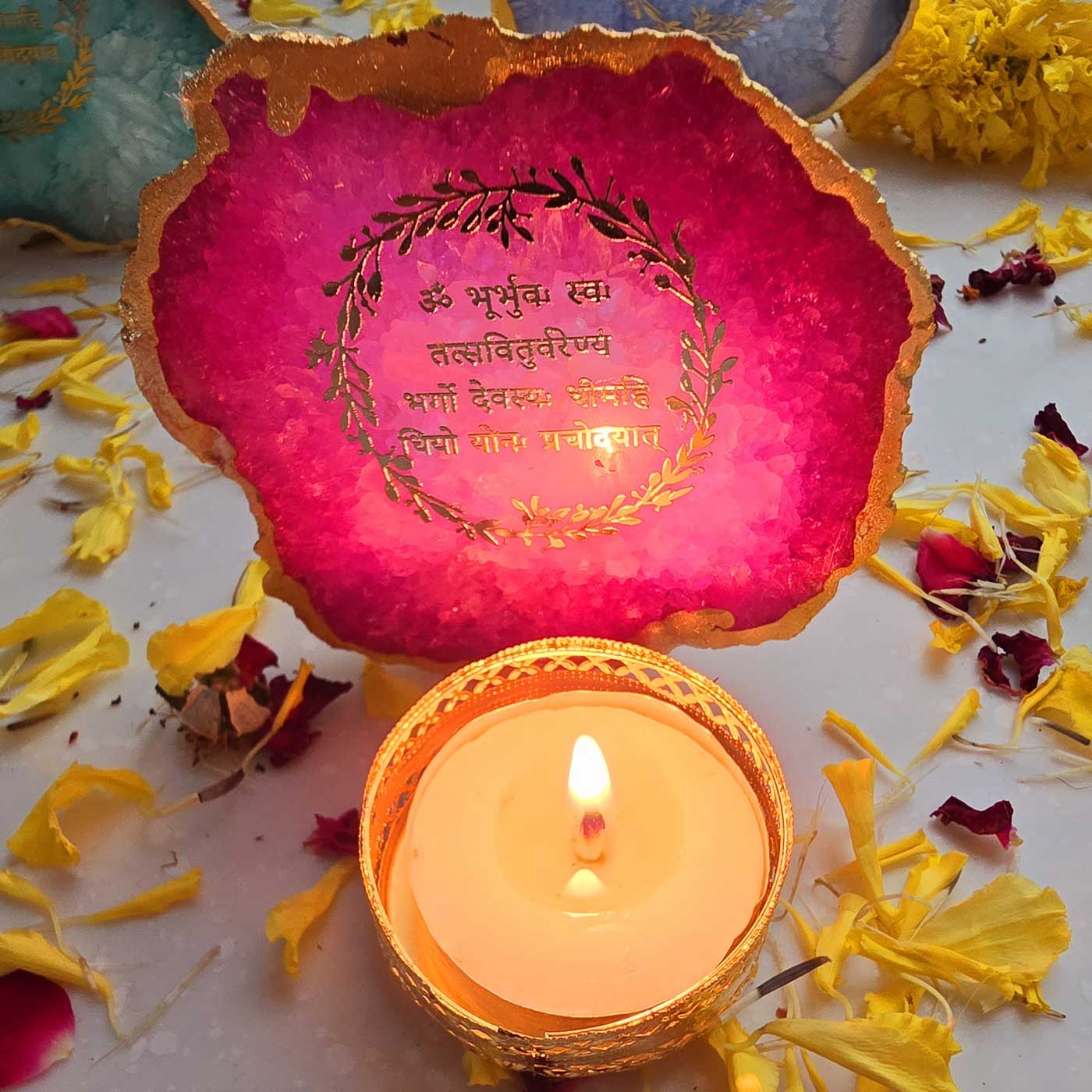 Buy Handmade Pink Gayatri Mantra Agate Stone Tea Light Holder Online On ...