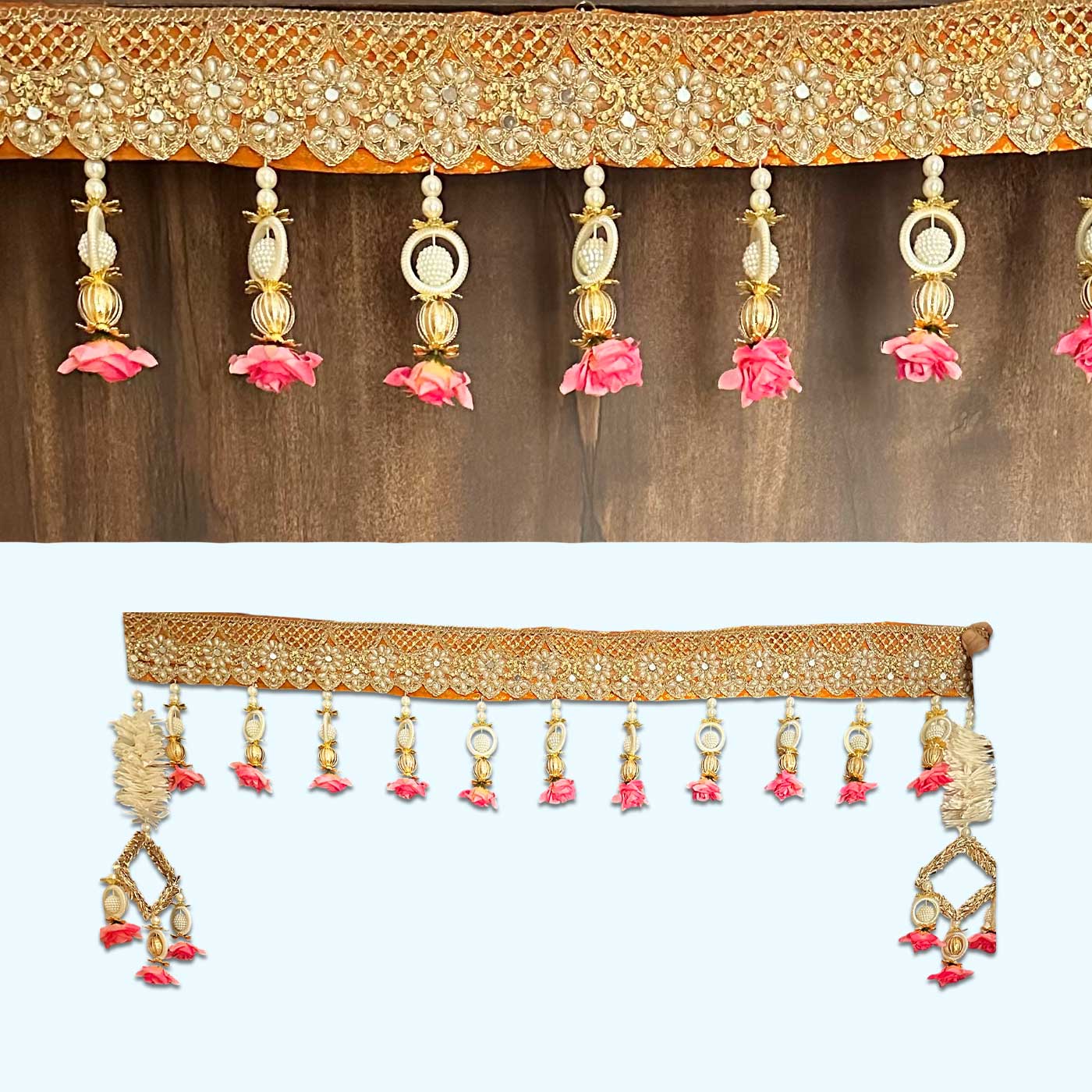 Buy Handmade Orange Mirror Work With Pink Rose Hangings Toran Online On ...