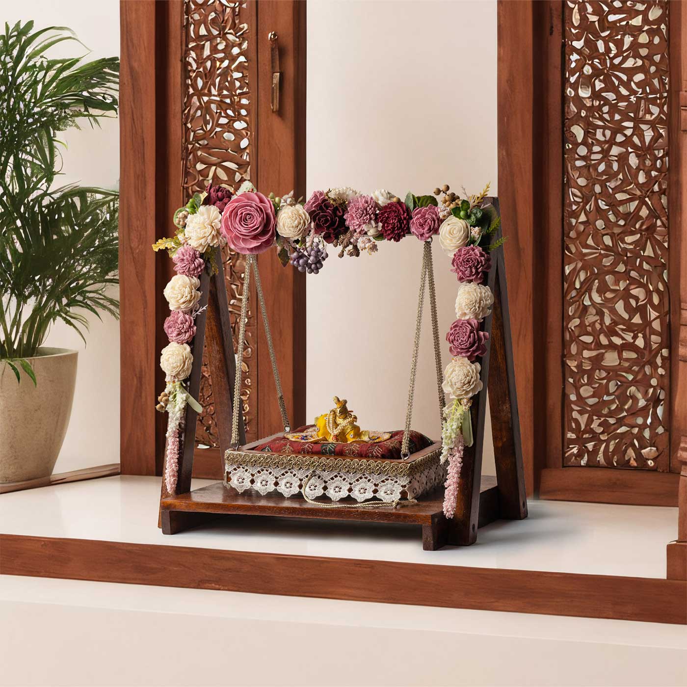 Buy Handmade Pink Wooden Shola Flower Kanha Jhula Online On Zwende