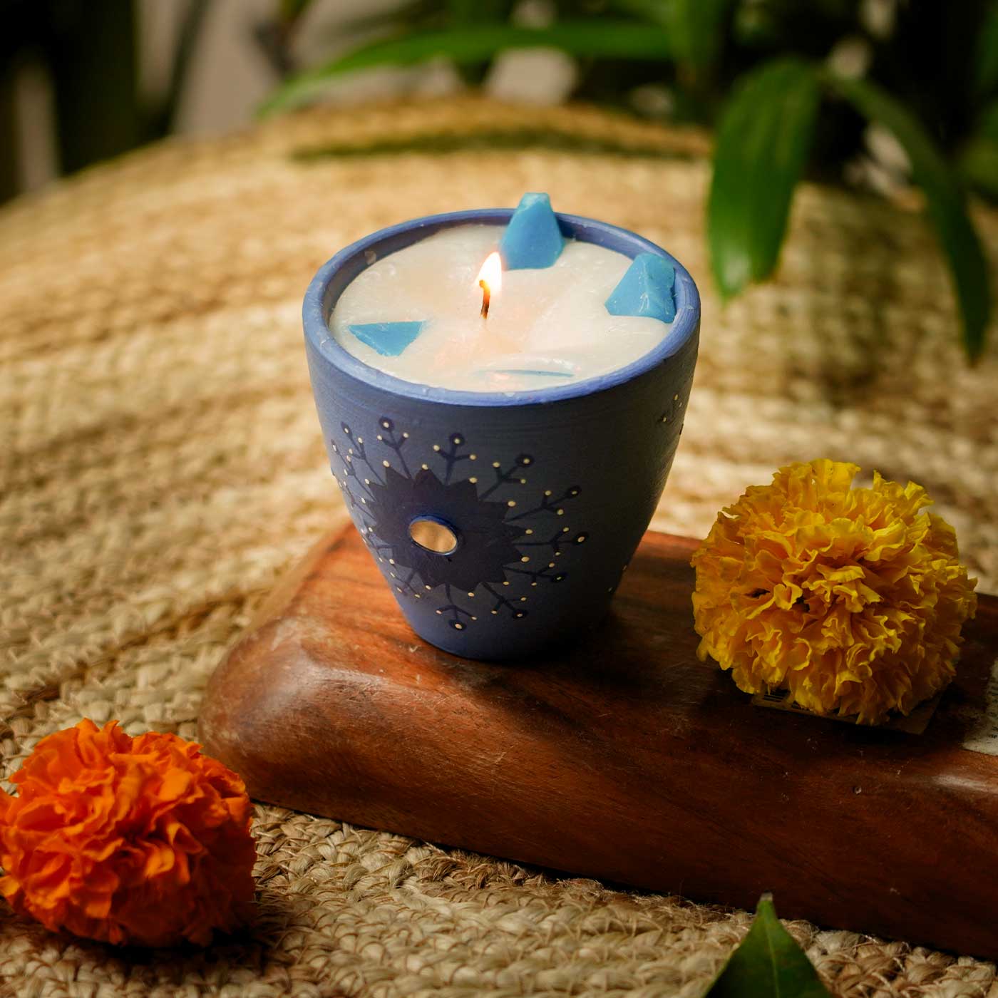 Buy Hand-Painted Scented Blue Terracotta Candle Online On Zwende