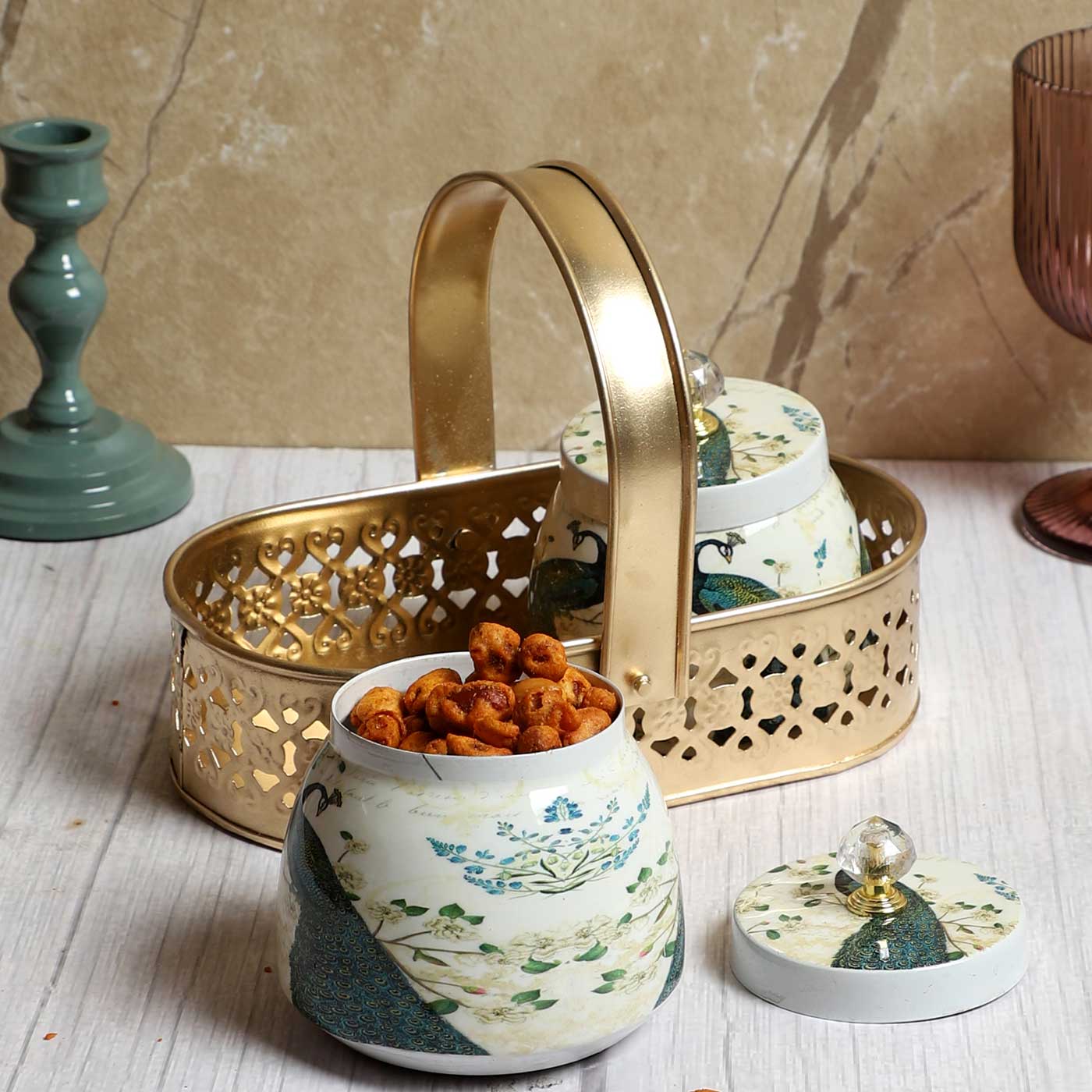 Buy Handmade Peacock Print Jars With Basket | Set Of 3 Online On Zwende