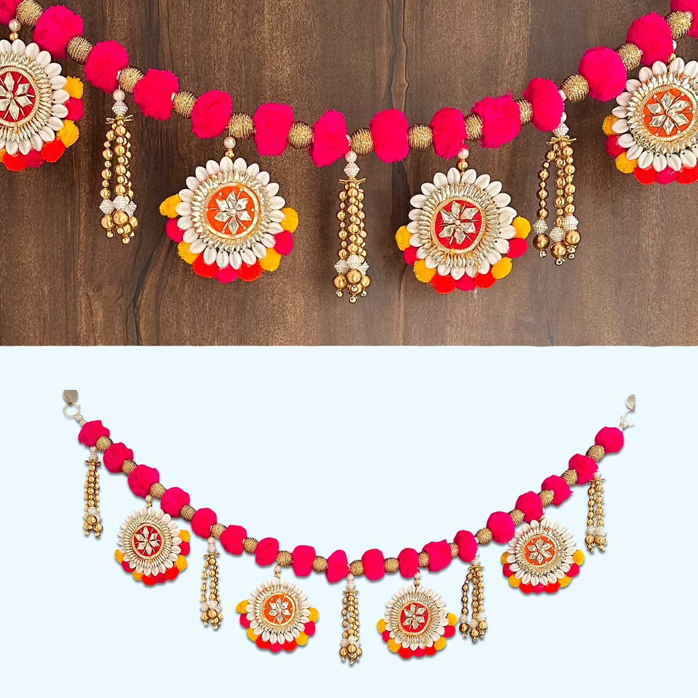 Buy Handmade Pink Pom Pom Toran With Decorative Shell Bangles Online On ...