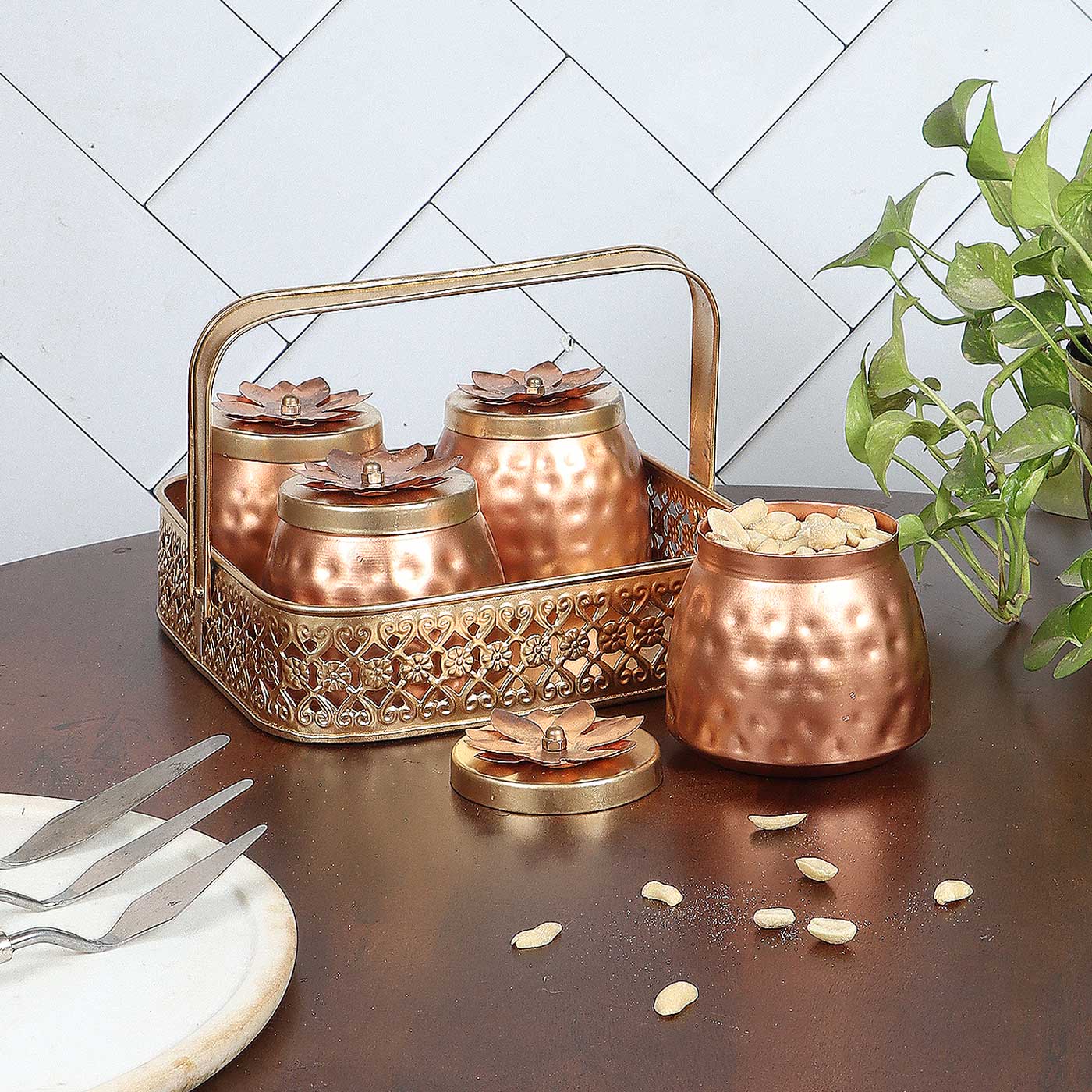 Buy Handmade Basket With Metal Jars | Set Of 5 Online On Zwende