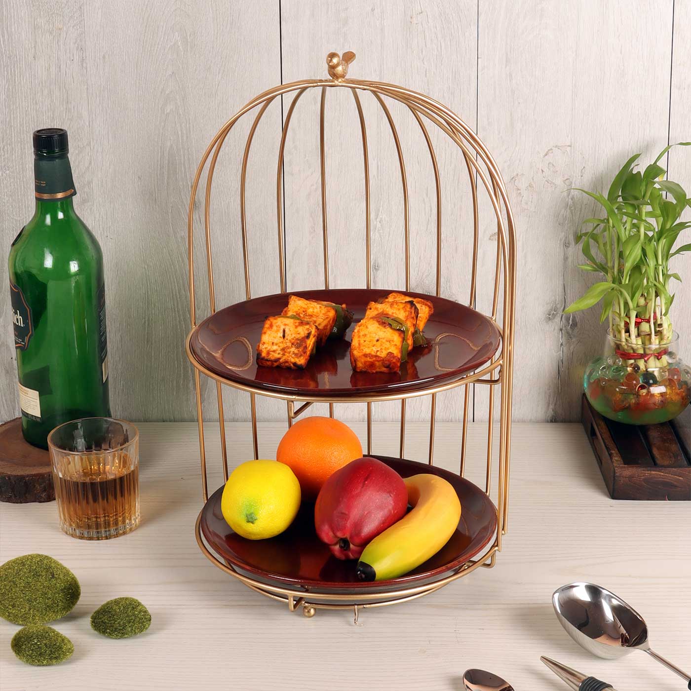 Buy Handmade Two Layer Cage Shaped Platter With Maroon Plates | Set Of ...
