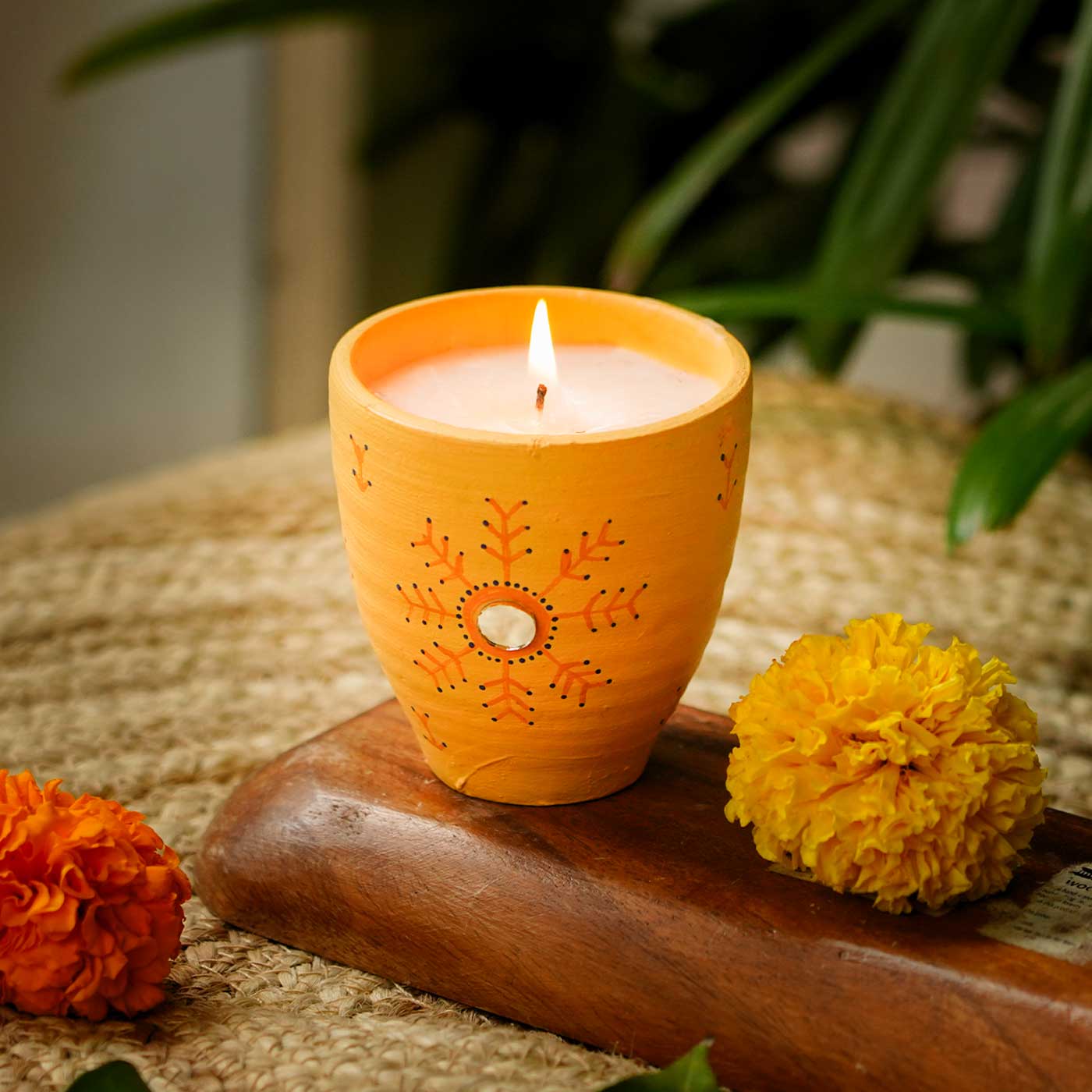 Buy Hand-Painted Scented Yellow Terracotta Candle Online On Zwende