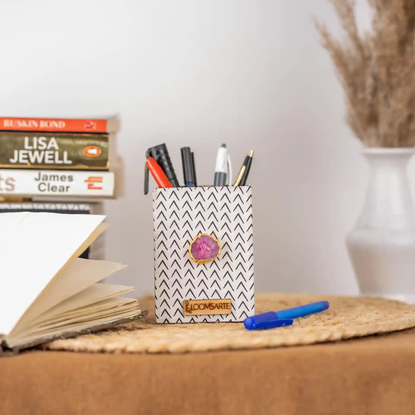 Buy Black And White Cotton Fabric Coated MDF Pen Stand With Agate ...