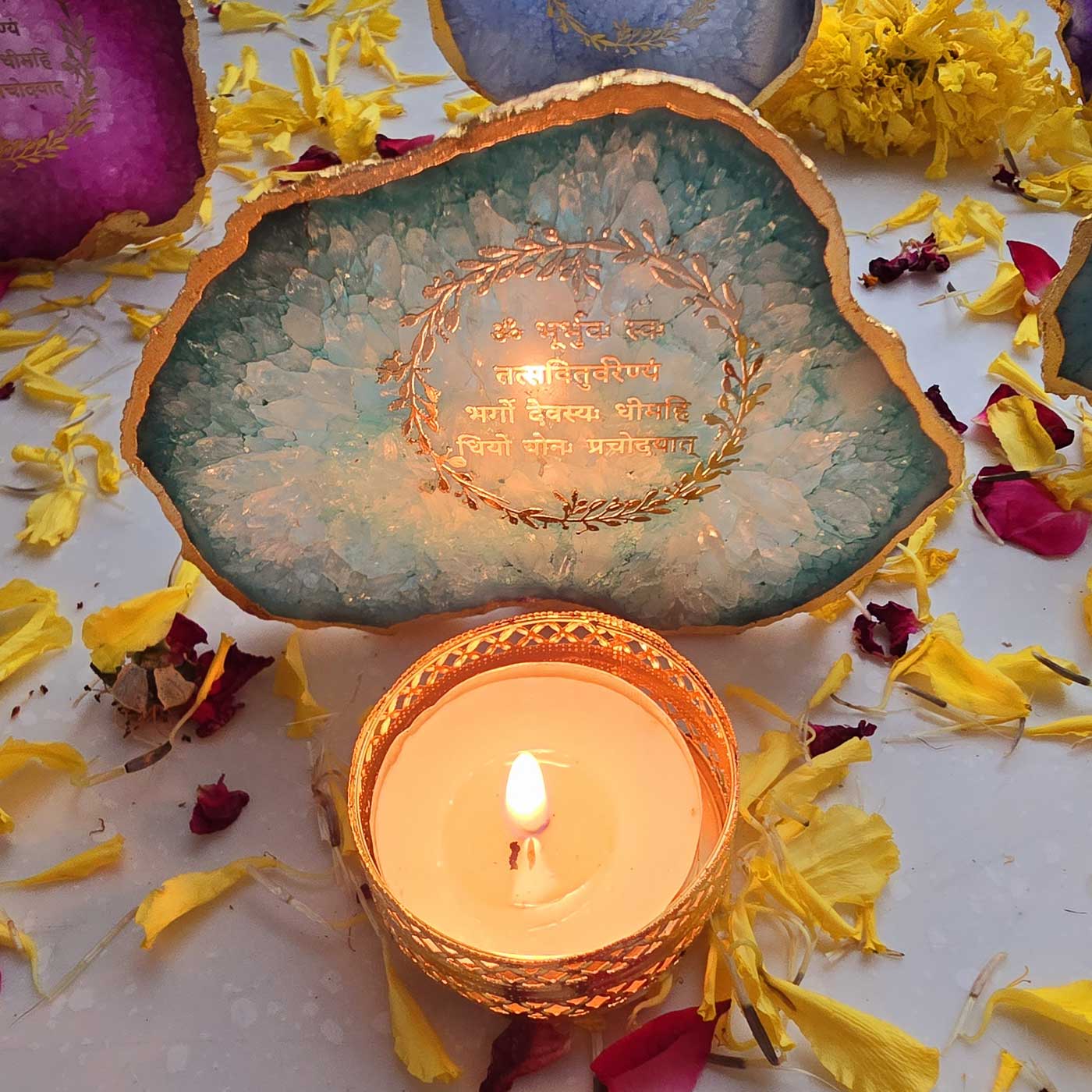 Buy Handmade Green Gayatri Mantra Agate Stone Tea Light Holder Online ...
