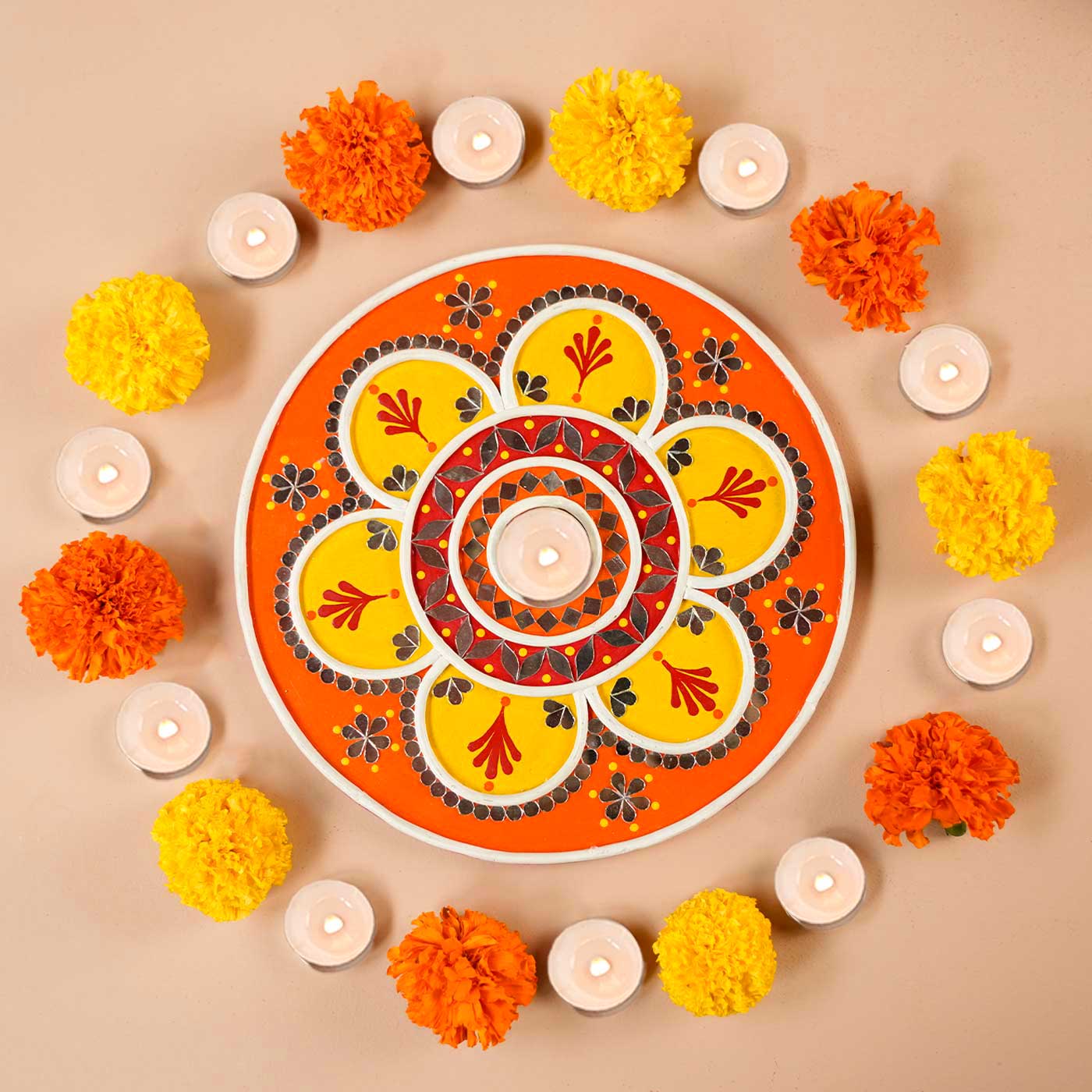 Buy Handmade Lippan Rangoli Wooden Tealight Holder Online On Zwende