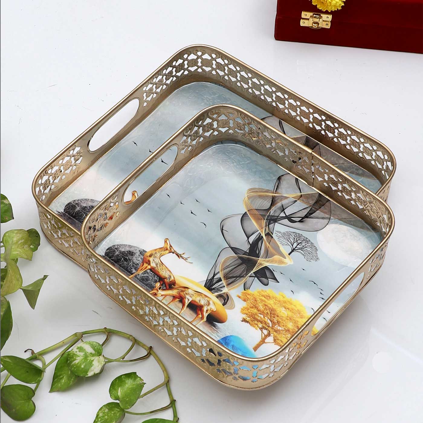 Buy Handmade Square Gold Deer Tray | Set Of 2 Online On Zwende