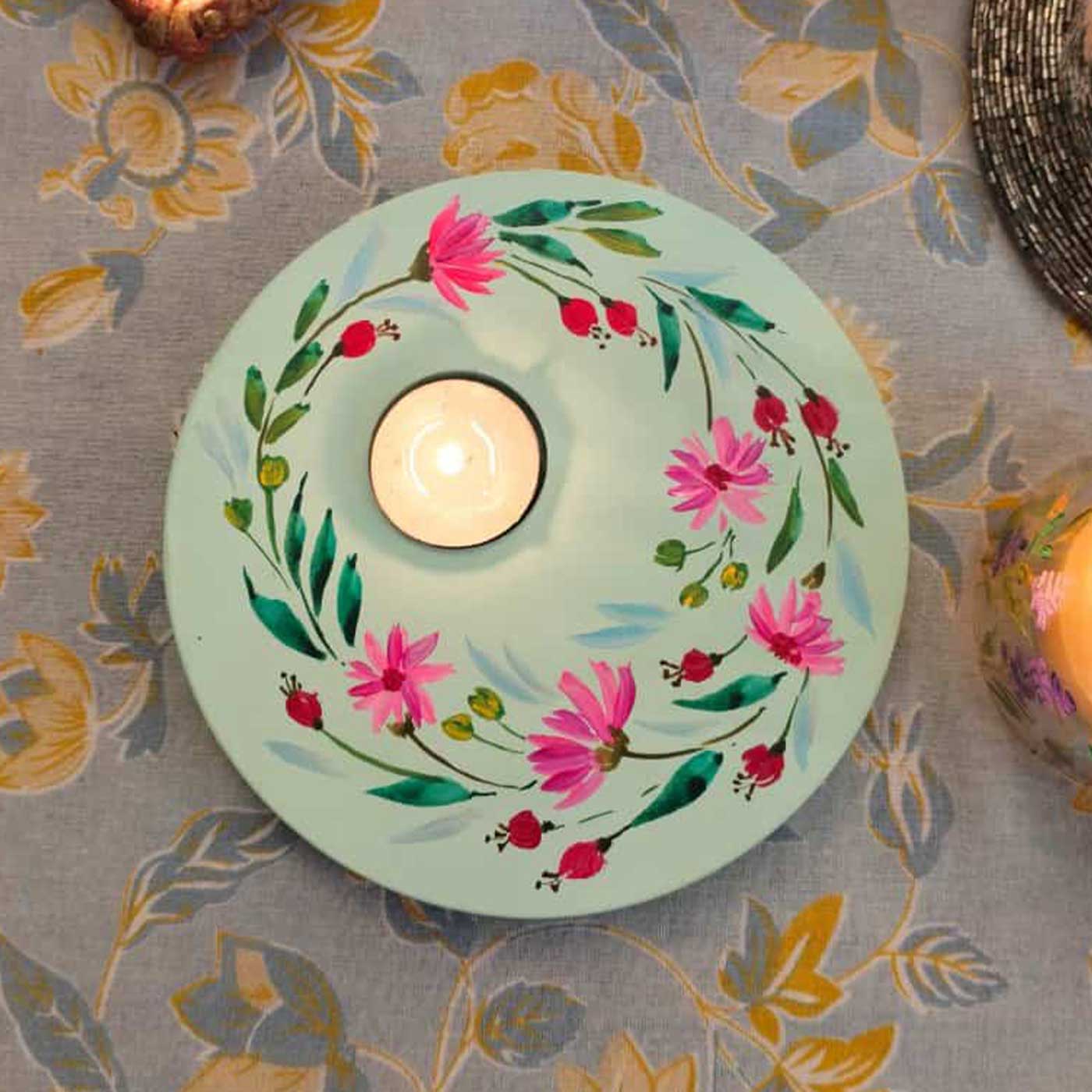 Buy Hand Painted Floral MDF Wood Round Tealight Holder Online On Zwende