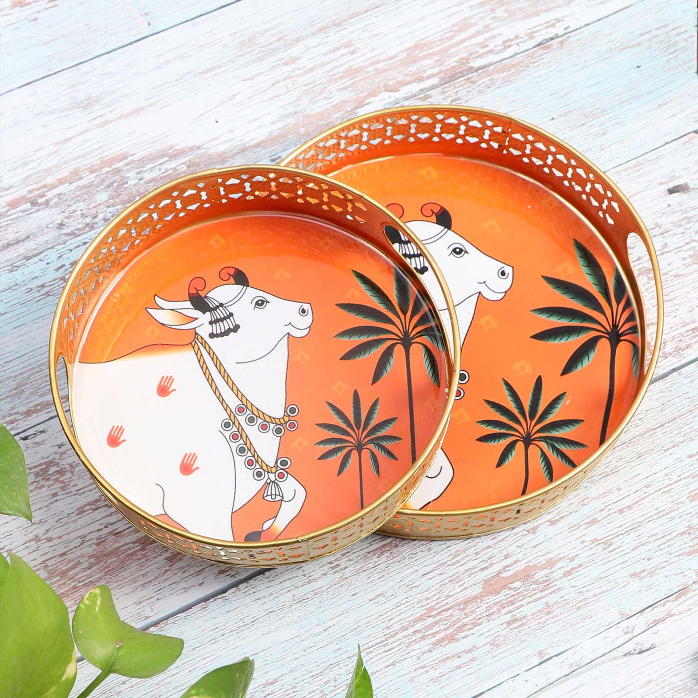 Buy Handmade Round Orange Pichwai Tray | Set Of 2 Online On Zwende