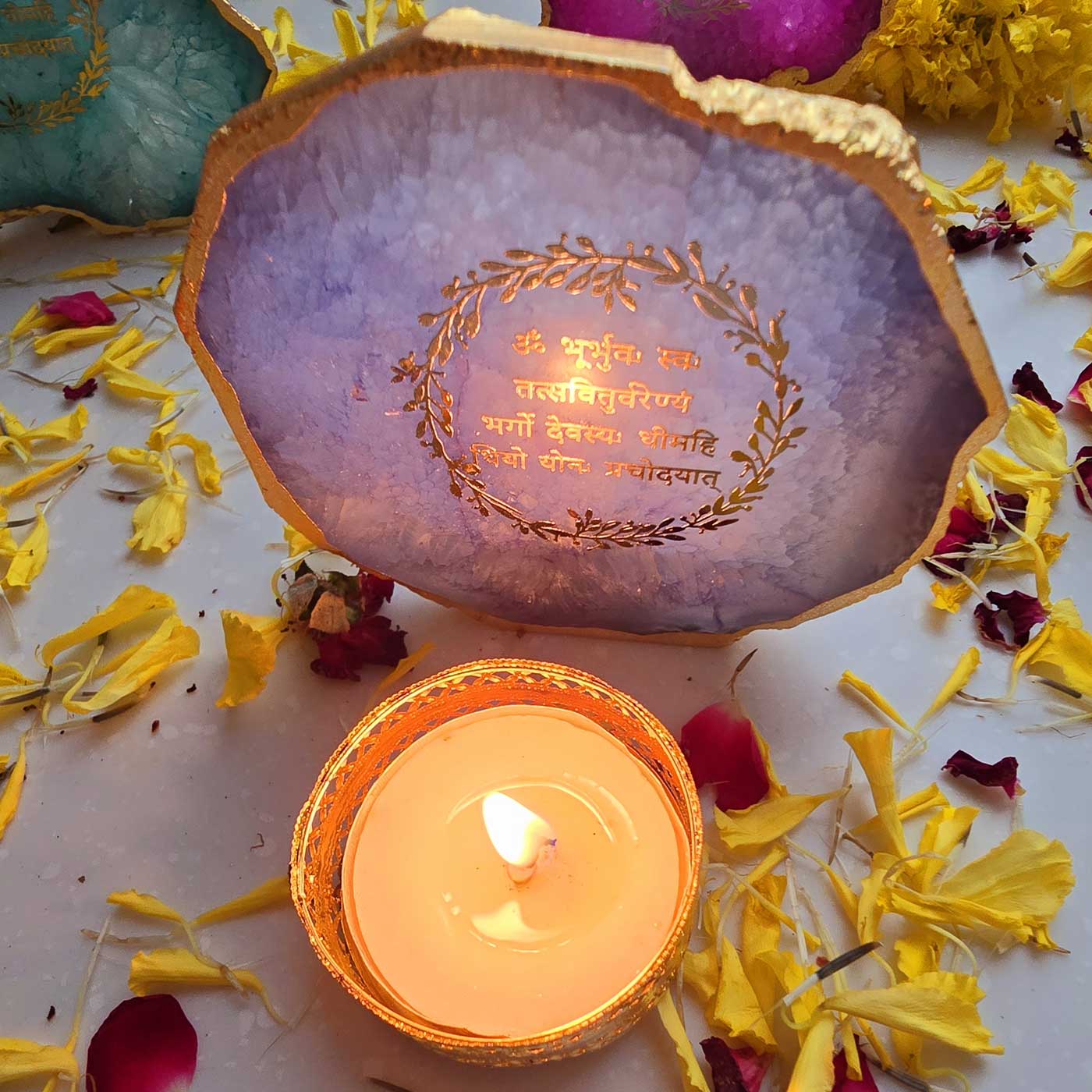 Buy Handmade Blue Gayatri Mantra Agate Stone Tea Light Holder Online On ...
