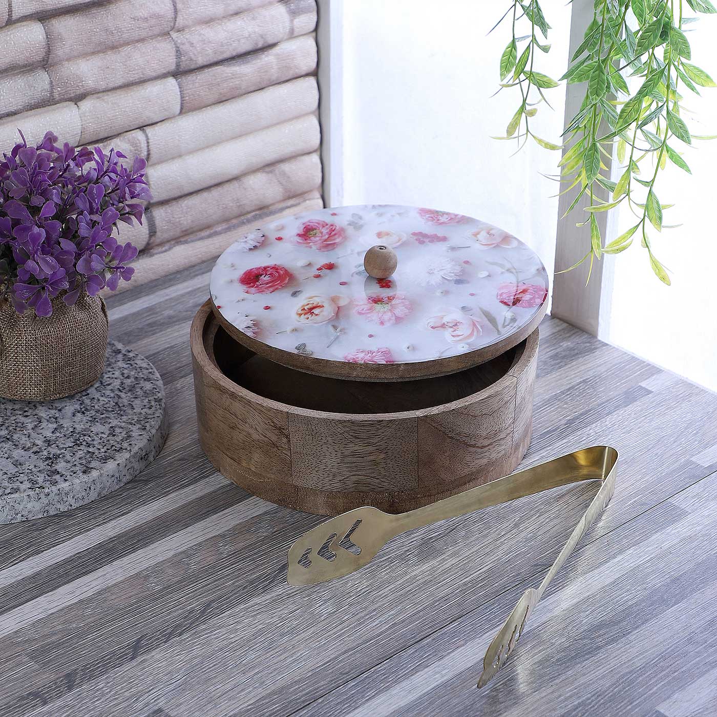 Buy Handmade Flower Printed Mango Wood Roti Box With Tong Online On Zwende