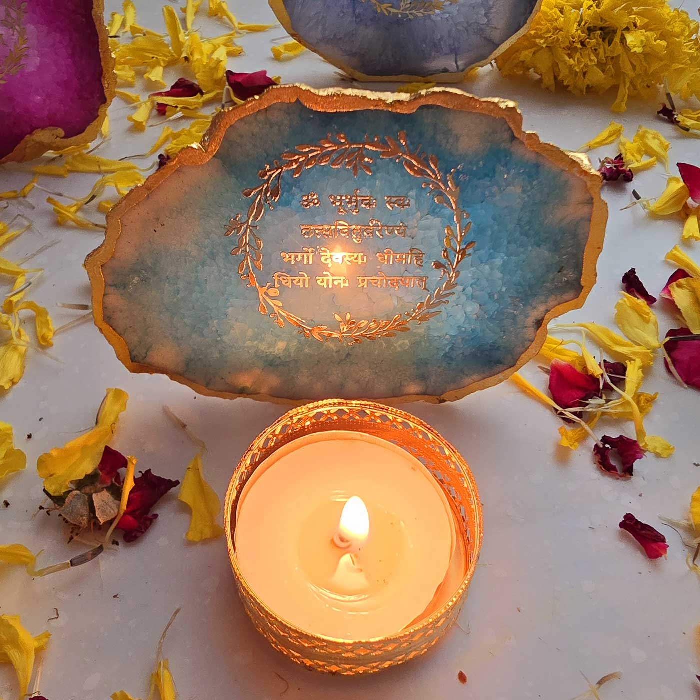 Buy Handmade Turquoise Gayatri Mantra Agate Stone Tea Light Holder ...