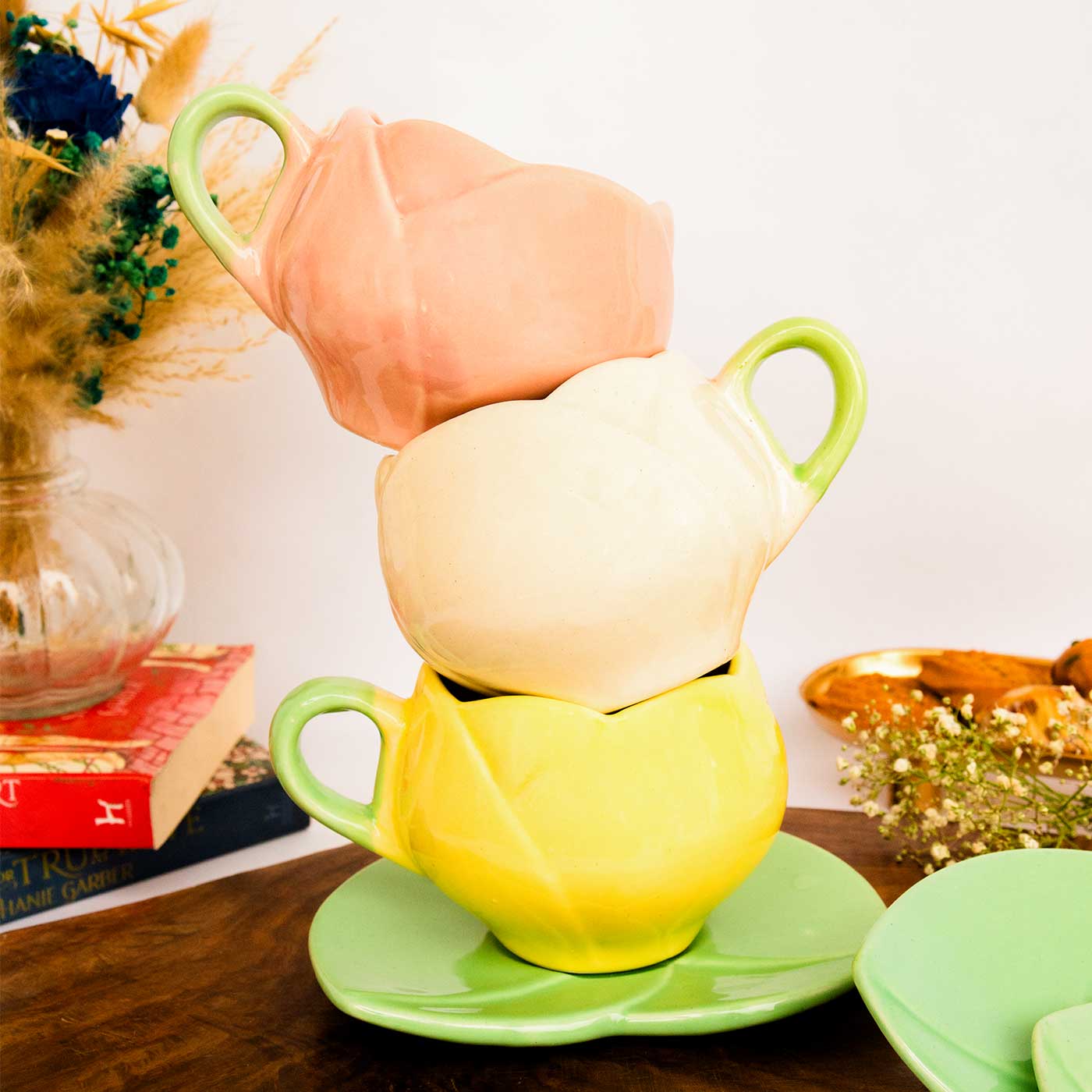Buy Tulip Shaped Ceramic Cup & Saucer | Set Of 3, 6 Pcs Online On Zwende