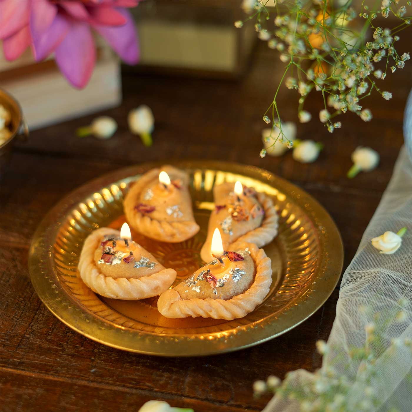 Buy Handmade Gujjiya / Karanji Wax Scented Mithai Candle | Set Of 8 ...