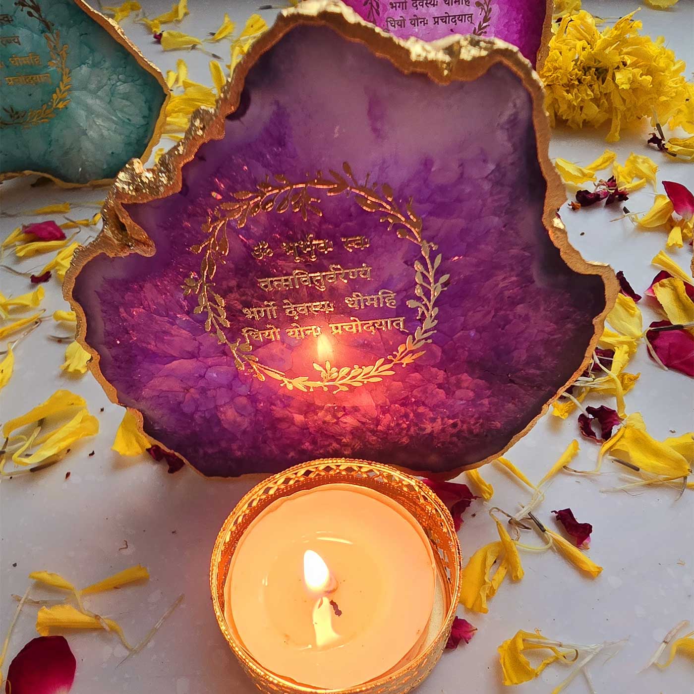 Buy Handmade Purple Gayatri Mantra Agate Stone Tea Light Holder Online ...