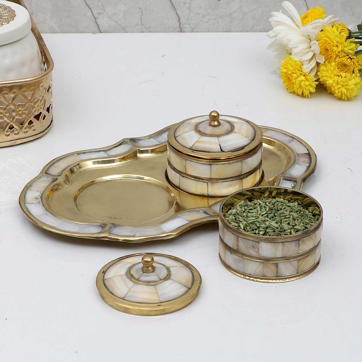 Buy Handmade Brass & Mop Platter With Supari Boxes | Set Of 3 Online On ...