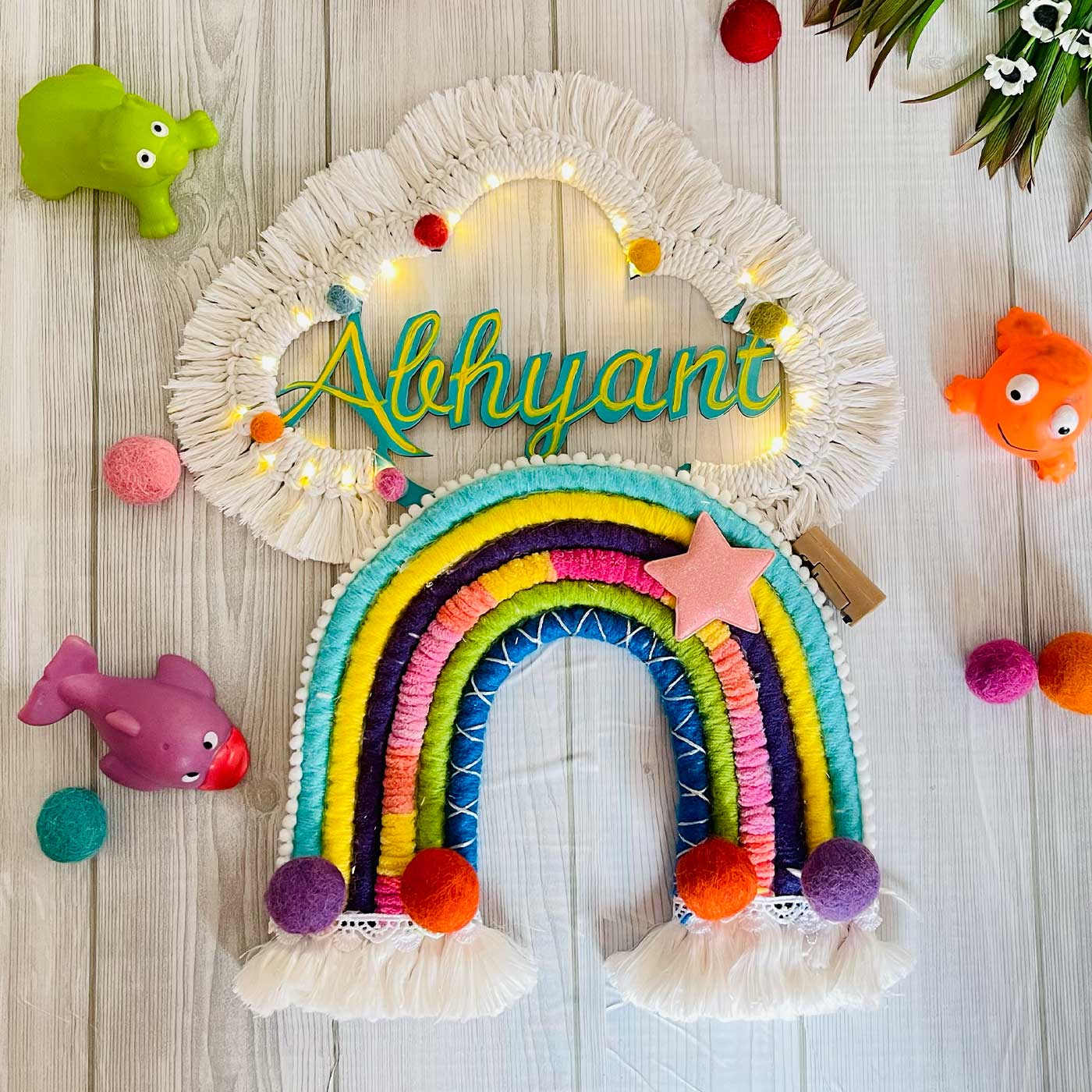 Buy Personalized Handmade Rainbow Themed Woolen Kids LED Name Plate ...