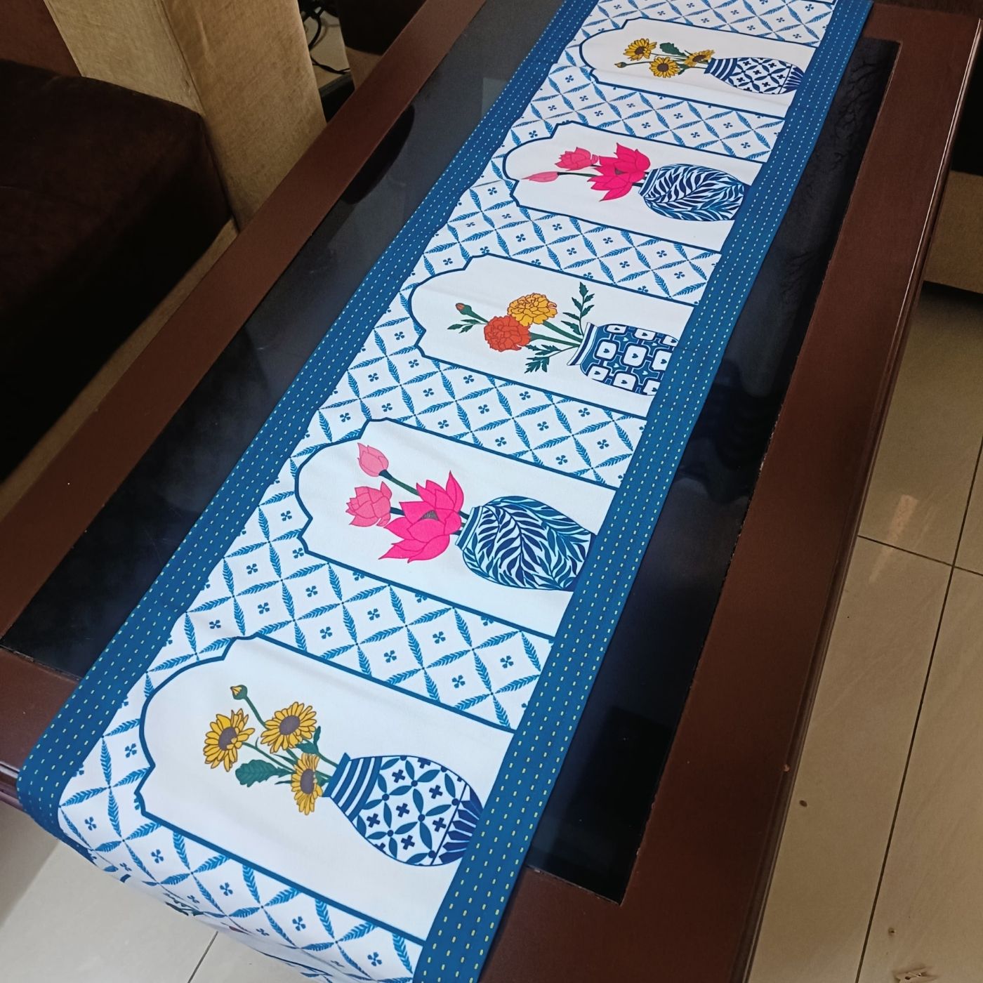 Buy Printed Blue Pottery Jaipuri Table Runner Online On Zwende
