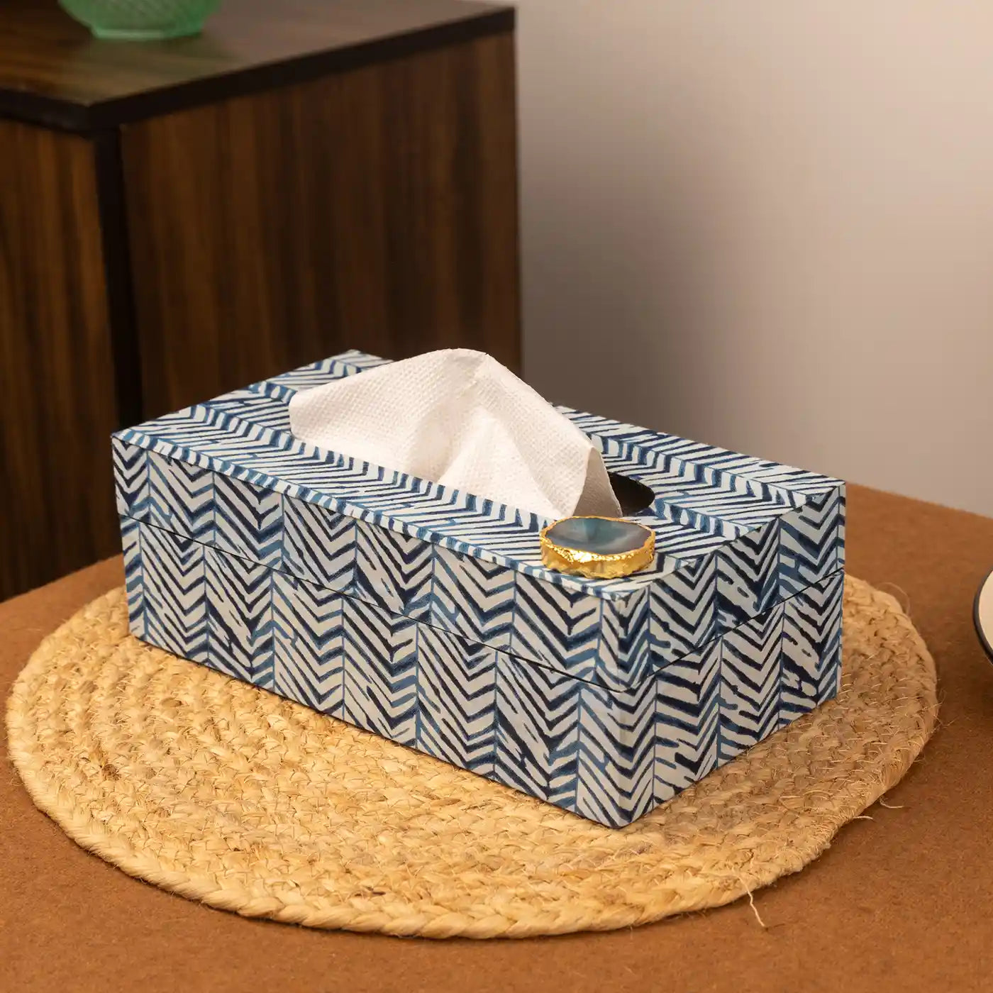 Buy Blue Cotton Fabric Coated MDF Tissue Box With Agate Accent Online ...