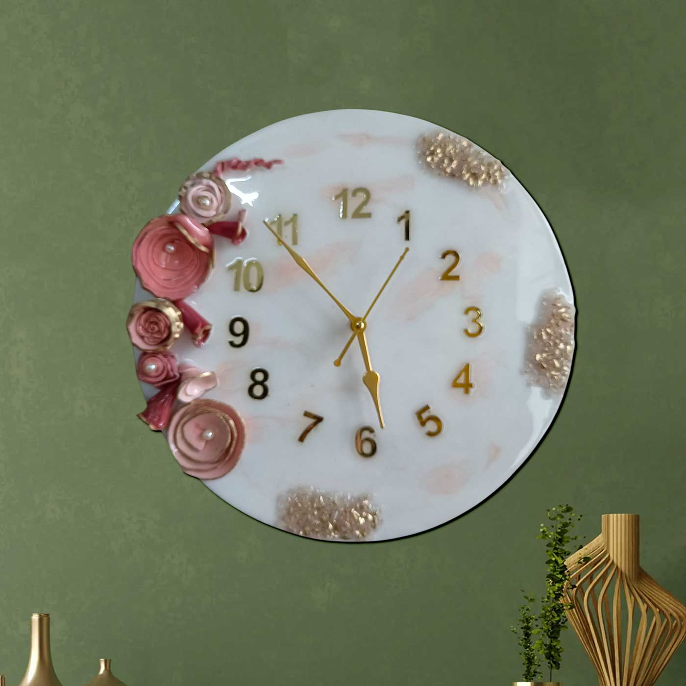 Buy Handmade Pink Floral Theme Resin Wall Clock Online On Zwende