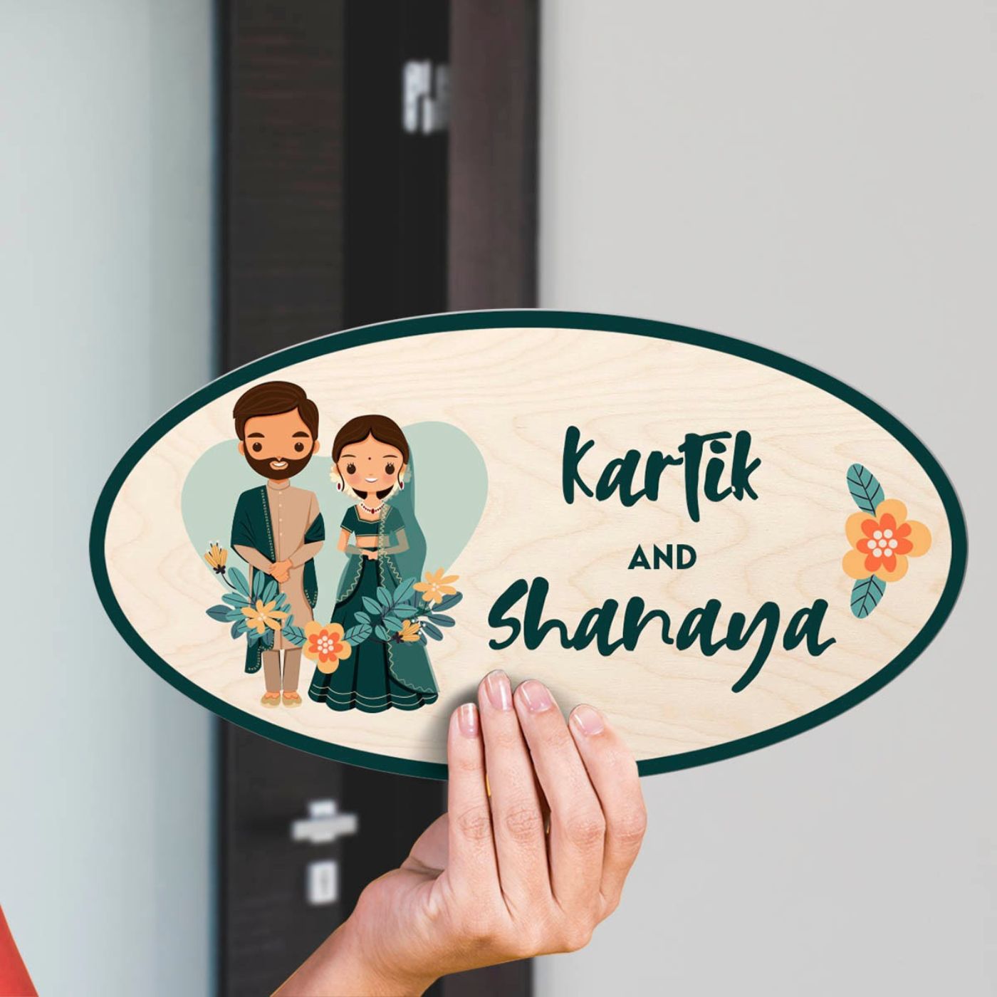 Buy Printed Wooden Oval Character Nameplate For Couples Online On Zwende
