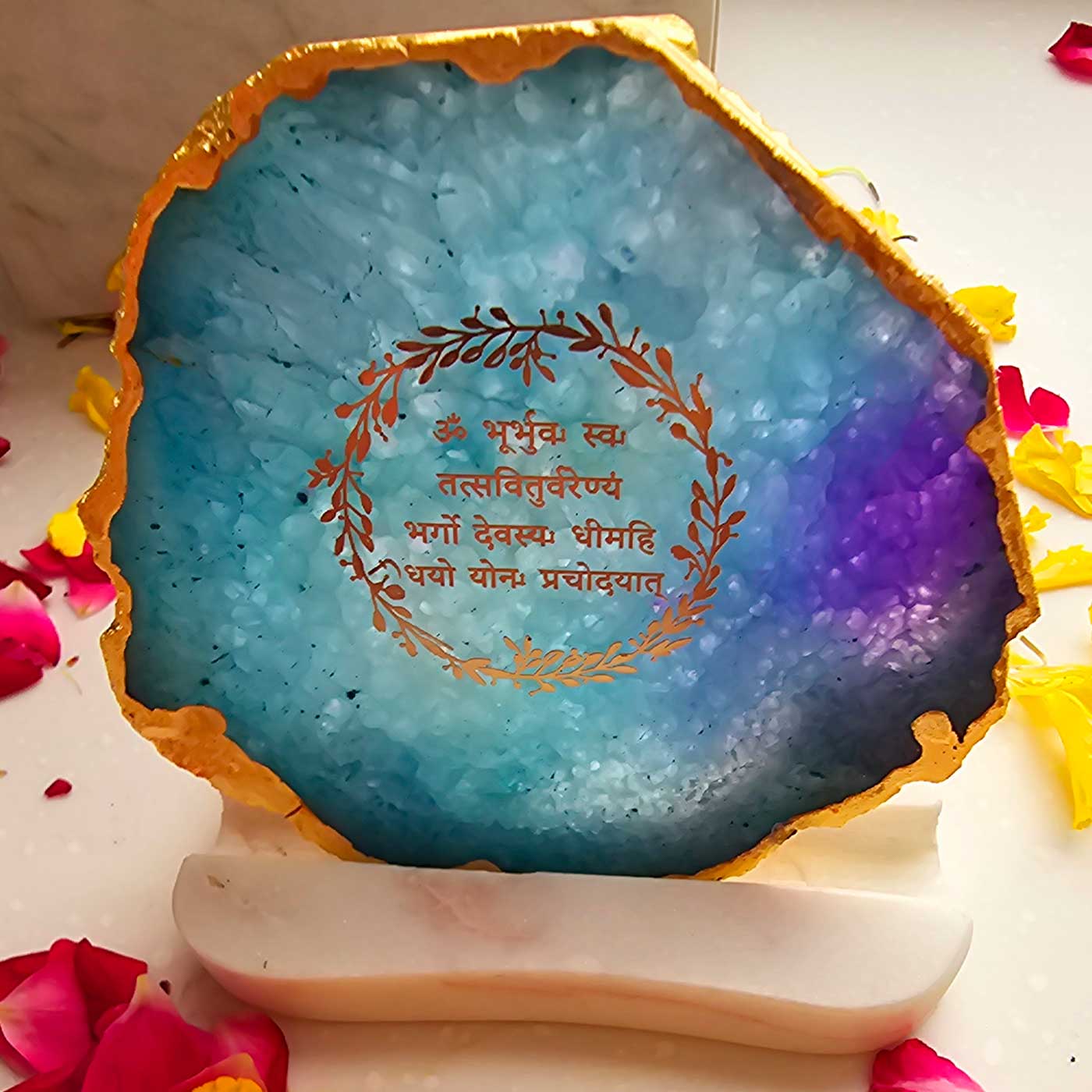 Buy Handmade Turquoise Gayatri Mantra Agate Decor With Marble Tea Light ...