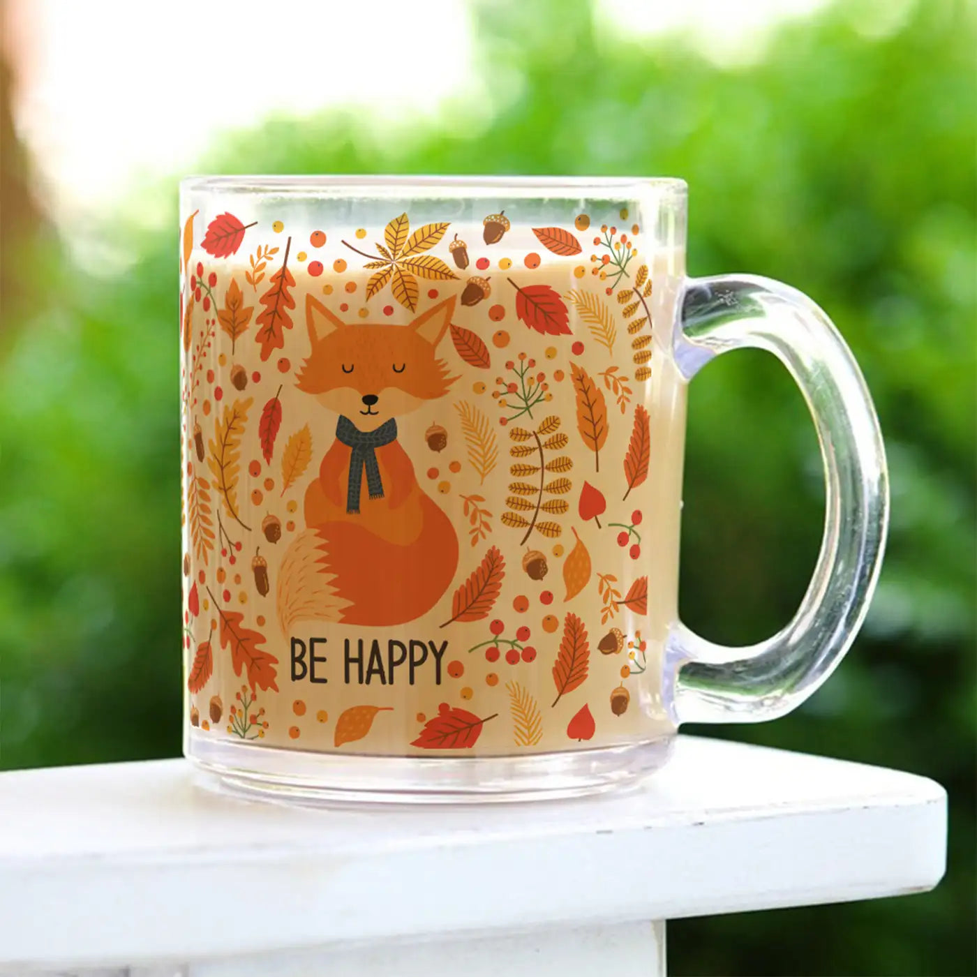 Buy Printed "Be Happy" Theme Glass Mug | 325 ML Online On Zwende