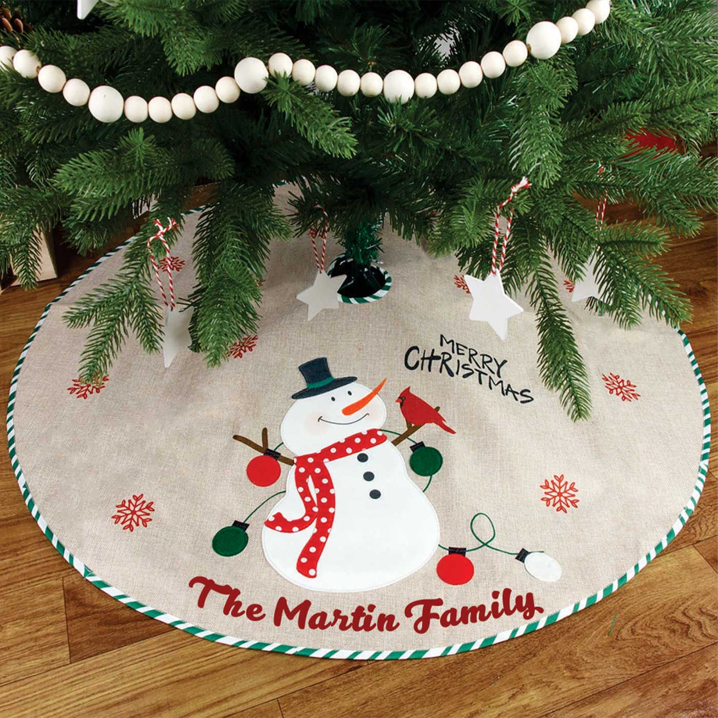 Buy Personalized Snowman’s Embrace Linen Tree Skirt For Christmas Tree ...