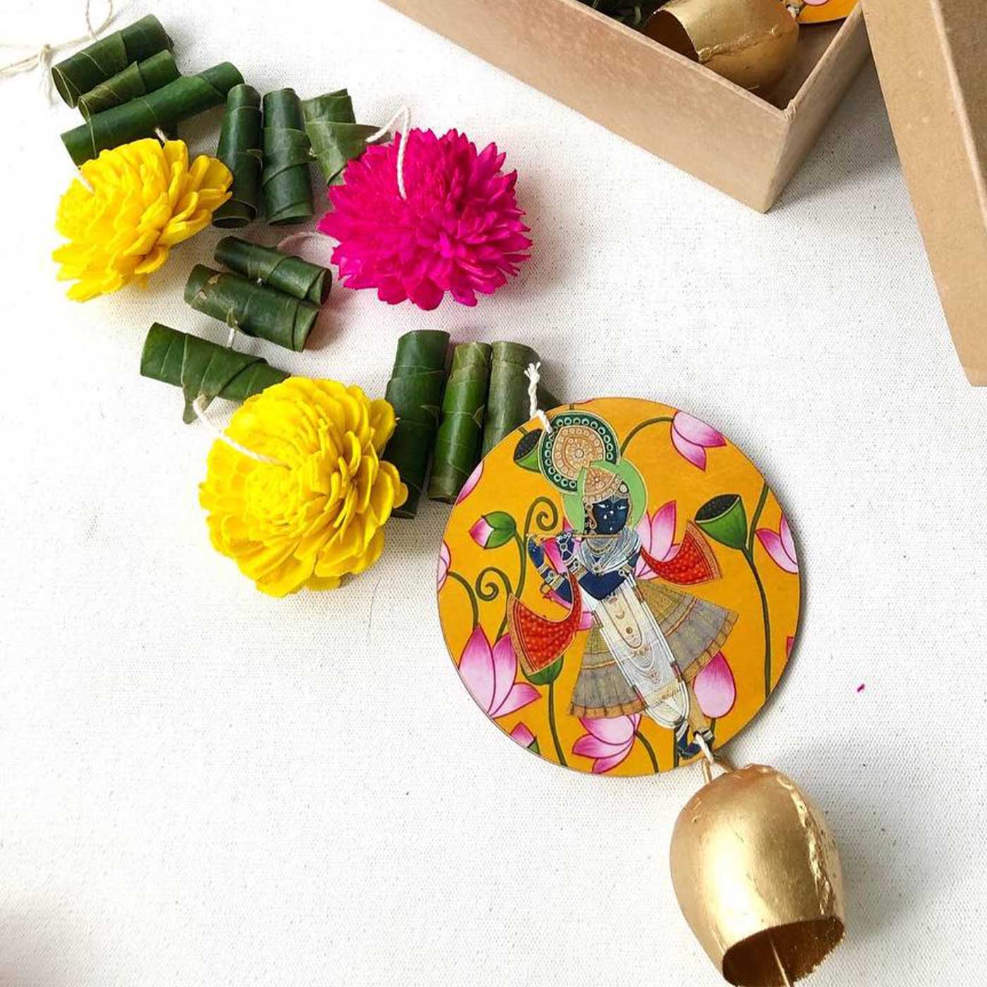 Buy 1 Pc | Handmade Krishna Shola Flower & Bay Leaf Hanging with Bell ...