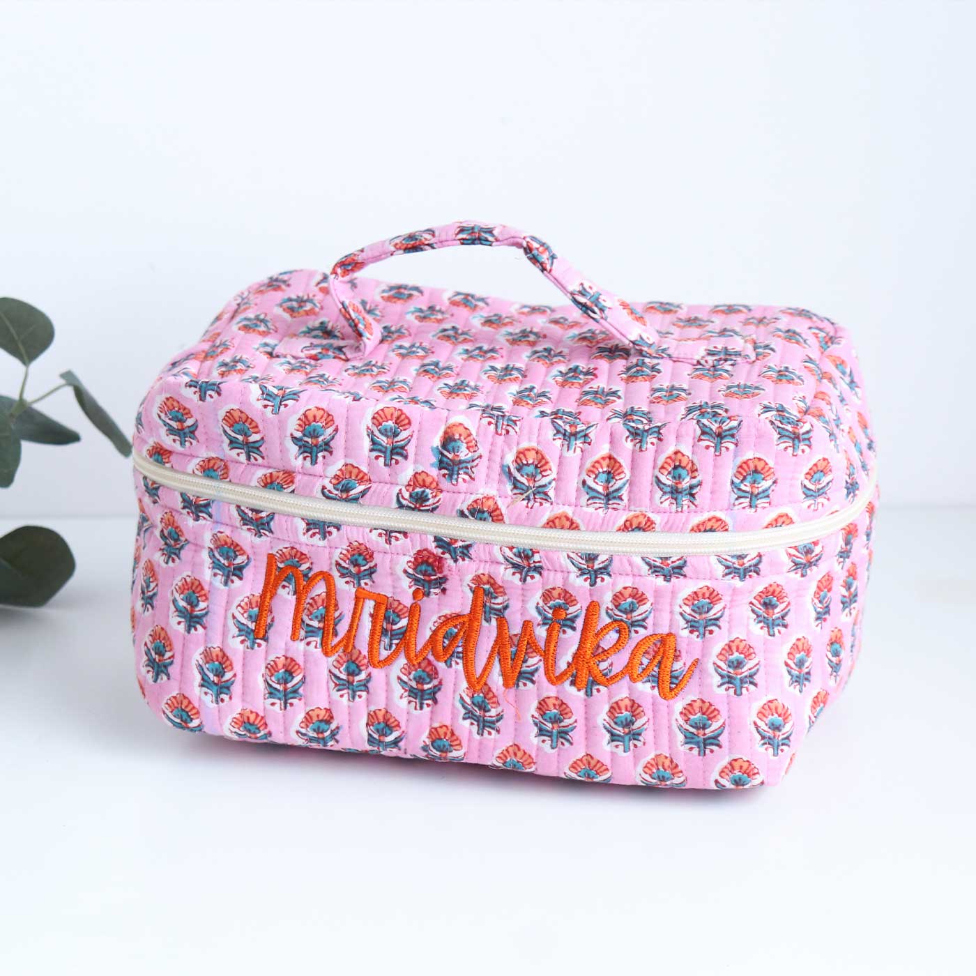 Buy Personalized Block Printed Cotton Pink Vanity Bag Online On Zwende