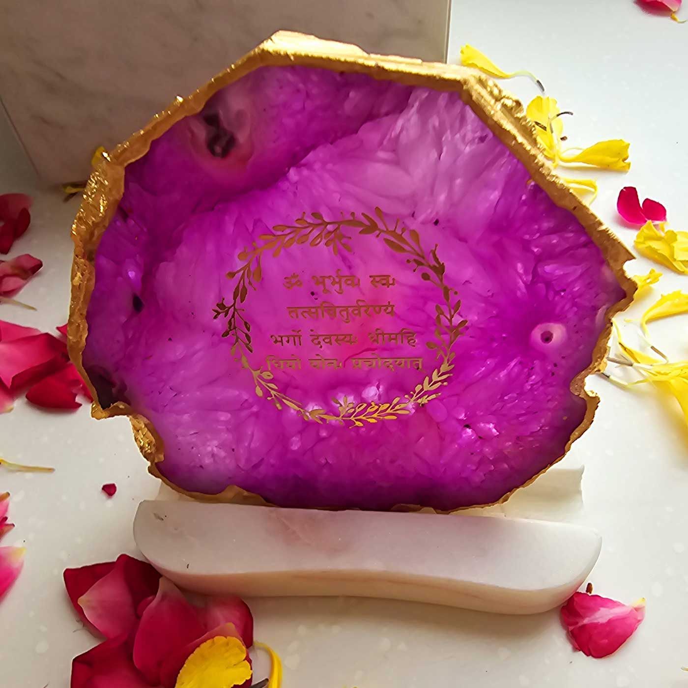 Buy Handmade Pink Gayatri Mantra Agate Decor With Marble Tea Light ...