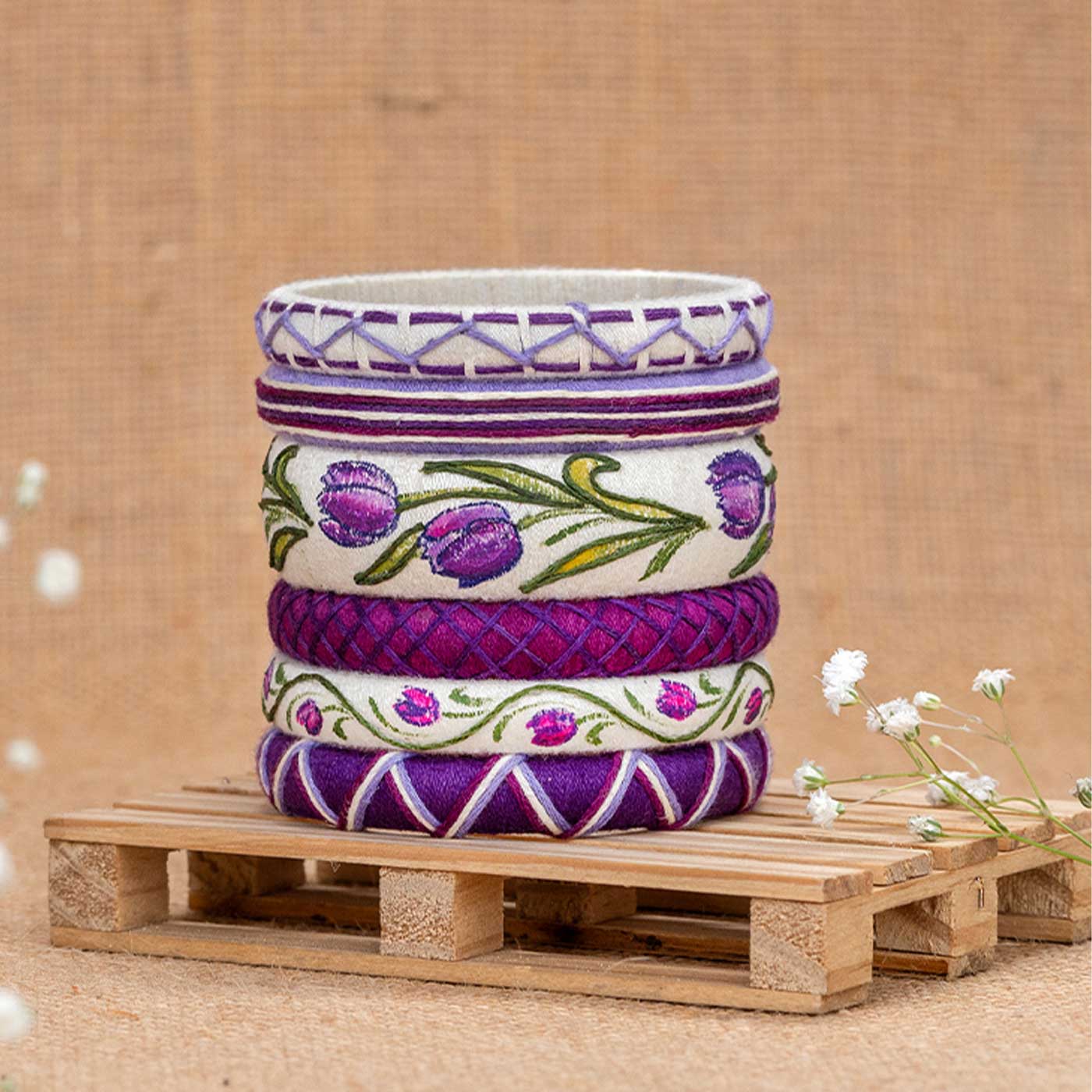 Buy Purple & White Handcrafted Tulip Bangles | Set of 6 Online On Zwende