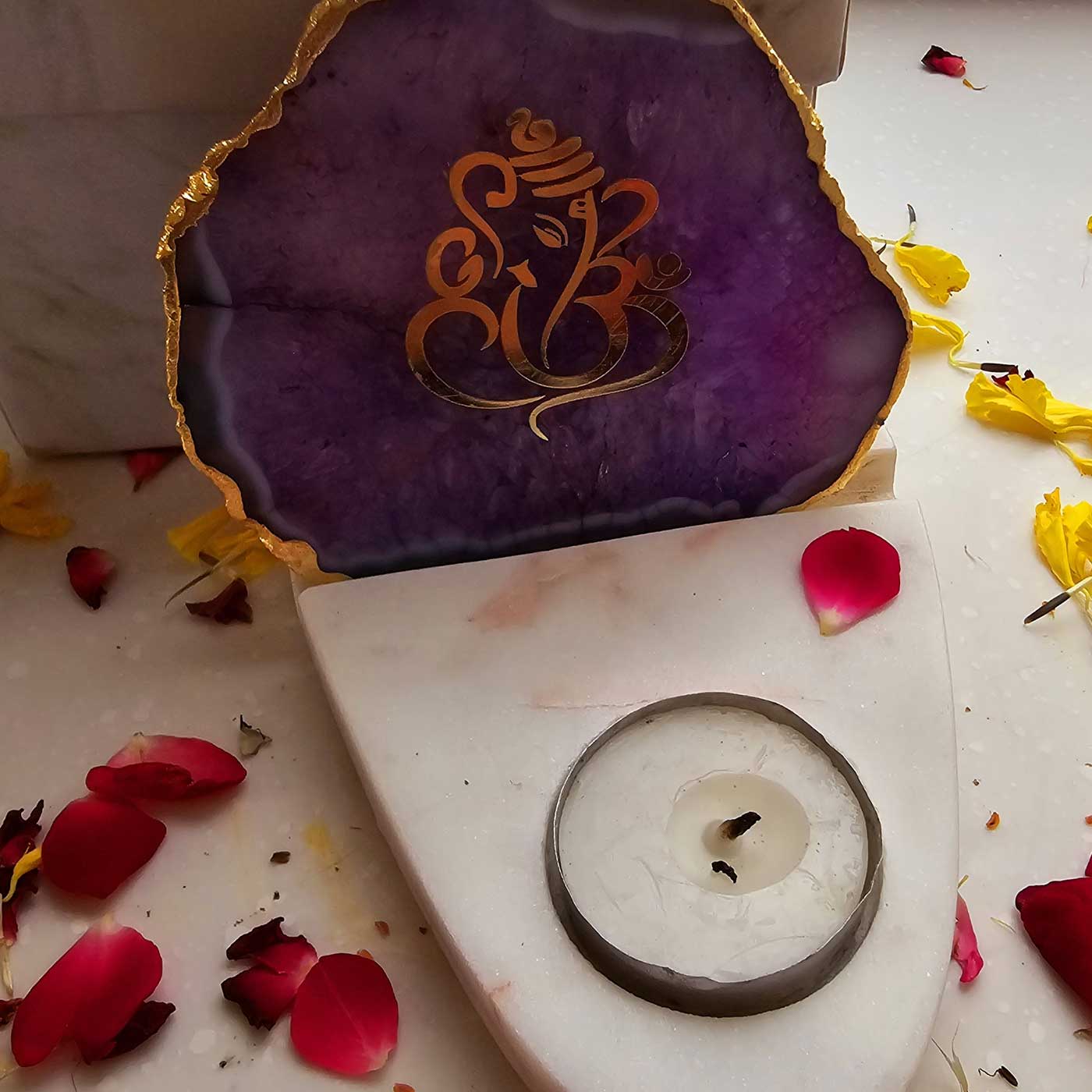 Buy Handmade Purple Ganesha Agate Decor With Marble Base Tea Light ...