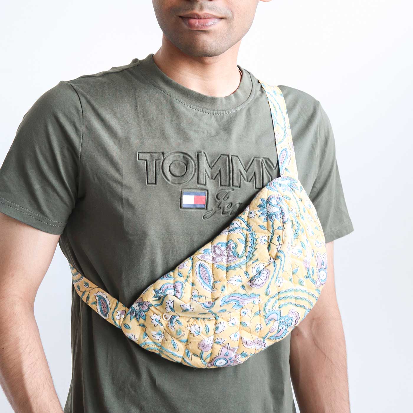 Buy Handmade Block Printed Cotton Yellow Belt Bag Online On Zwende