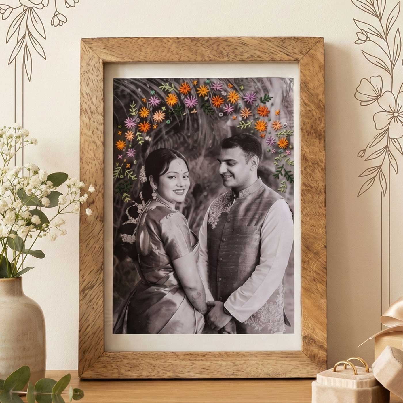 Buy Floral Design Hand Embroidered Photo With Wooden Frame Online On Zwende