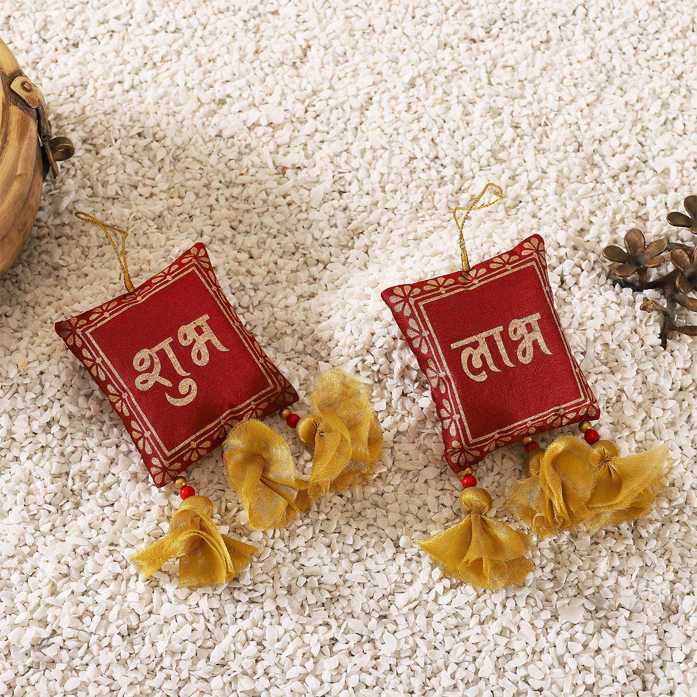 Buy Handmade Red Shubh Labh Fabric Hanging | Set of 2 Online On Zwende