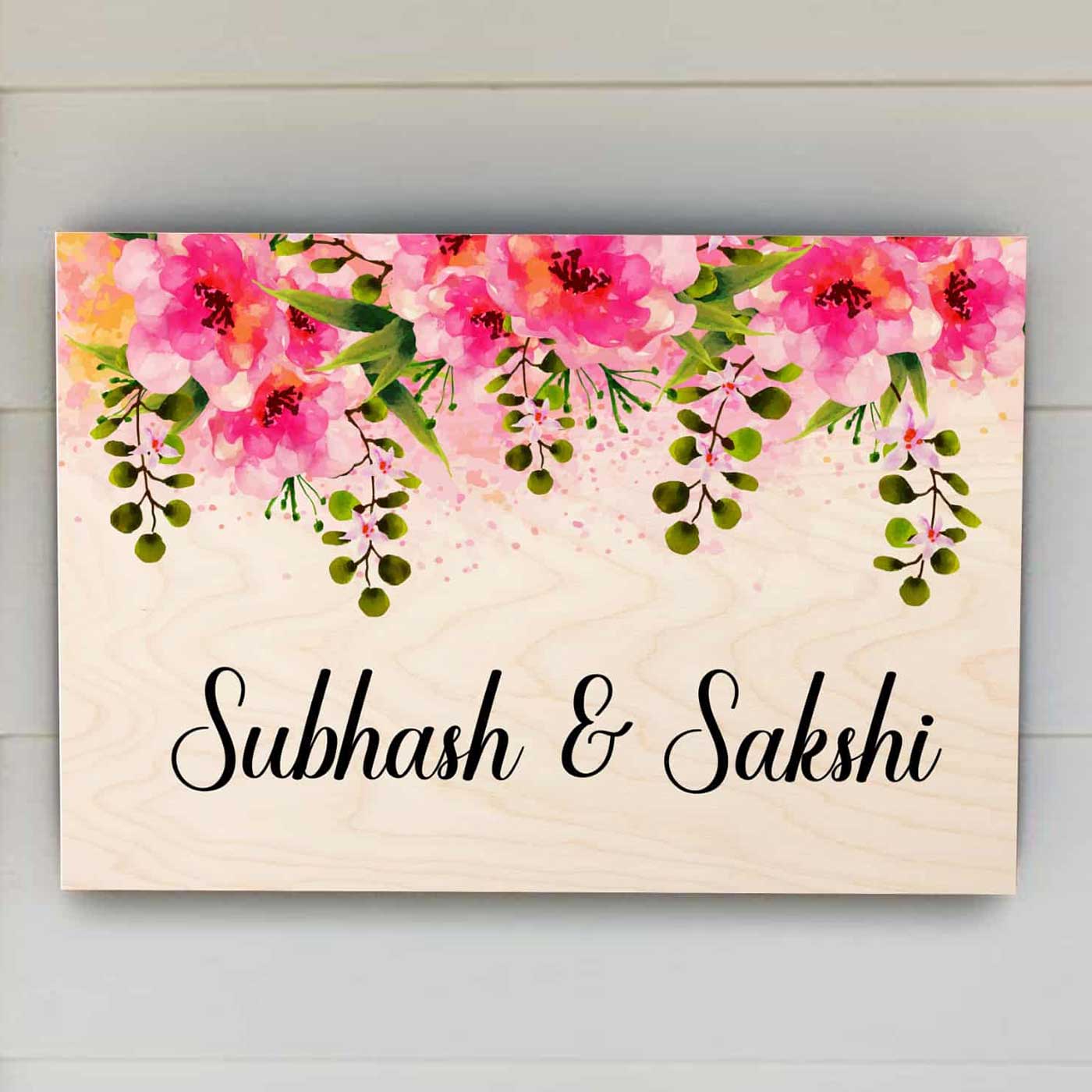 Buy Printed Pink Floral Wooden Rectangle Nameplate Online On Zwende