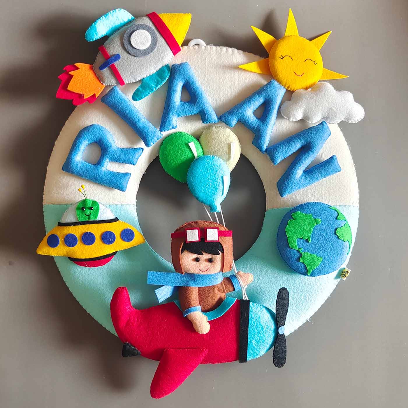 Buy Hand-stitched Space Themed Round Felt Kids Name Plate Online On Zwende