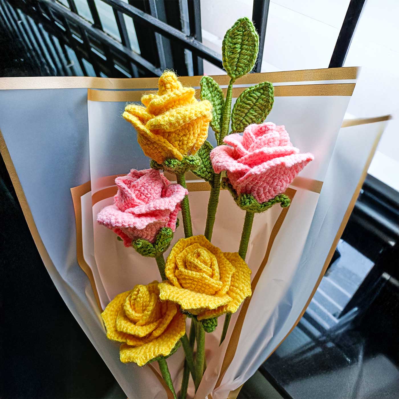 Buy Handmade Crochet Pink & Yellow Rose Flower Bouquet | Set Of 5 ...