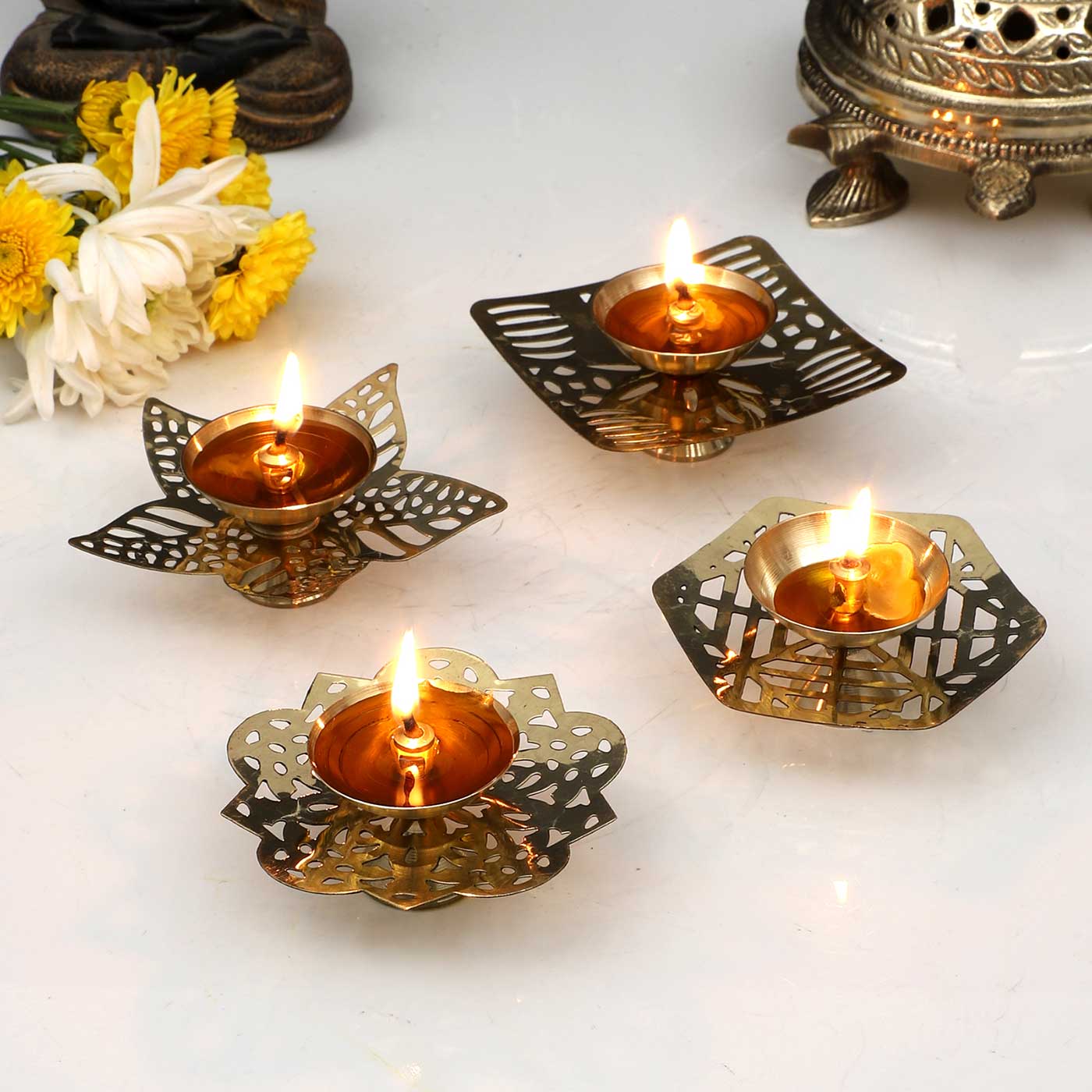 Buy Handmade Etching Brass Oil Lamp / Diya | Set of 4 Online On Zwende