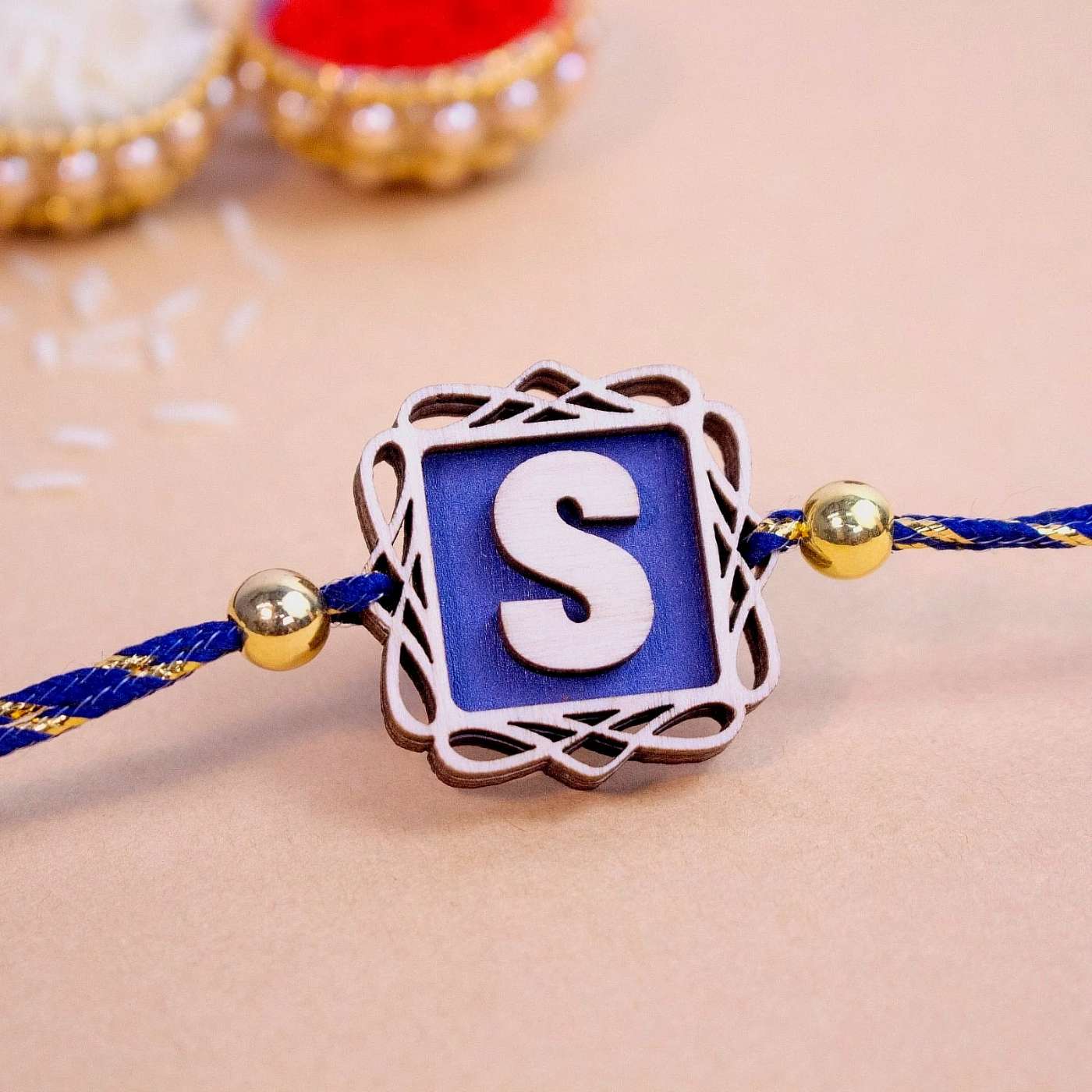 Buy Personalized Handmade Name Initials Wooden Rakhi With Roli Chawal ...